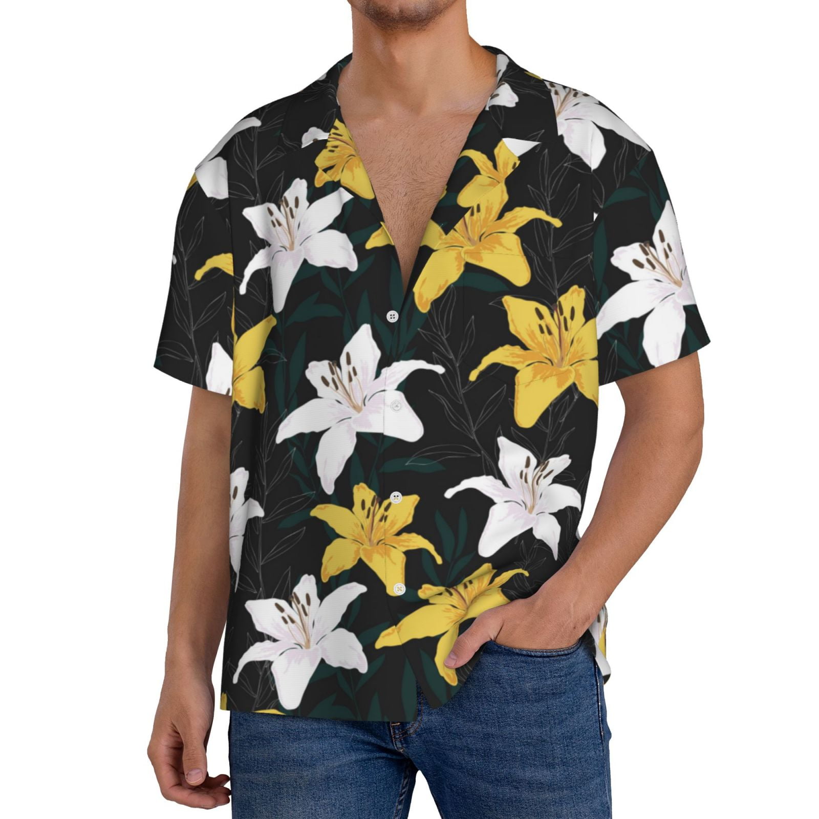 Daiia Lilies Flowers Men's Linen Shirts Short Sleeve Casual Shirts ...