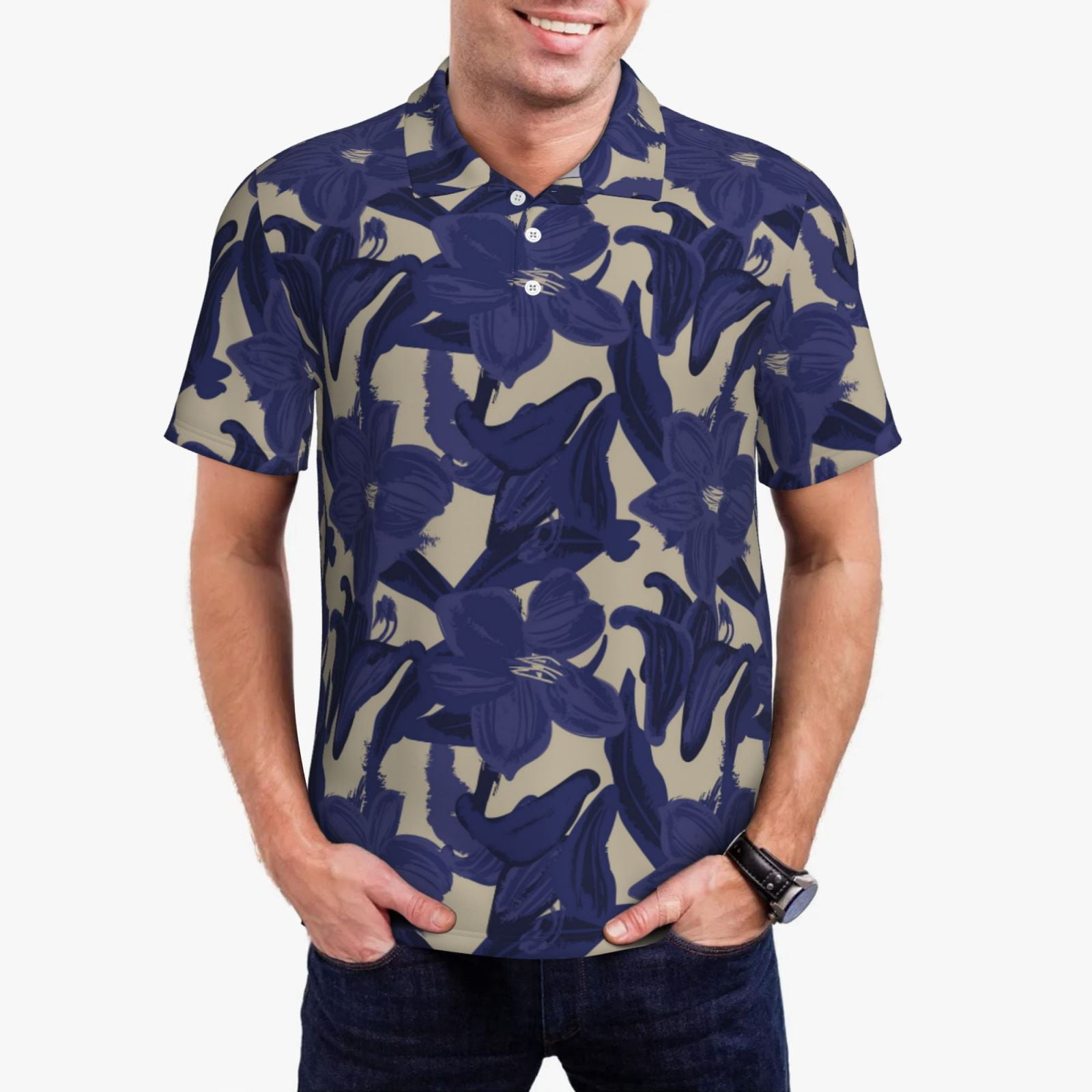 Daiia Lilies Flowers Pattern Men’s Polo Shirts,Solid Deck Shirt,Classic ...
