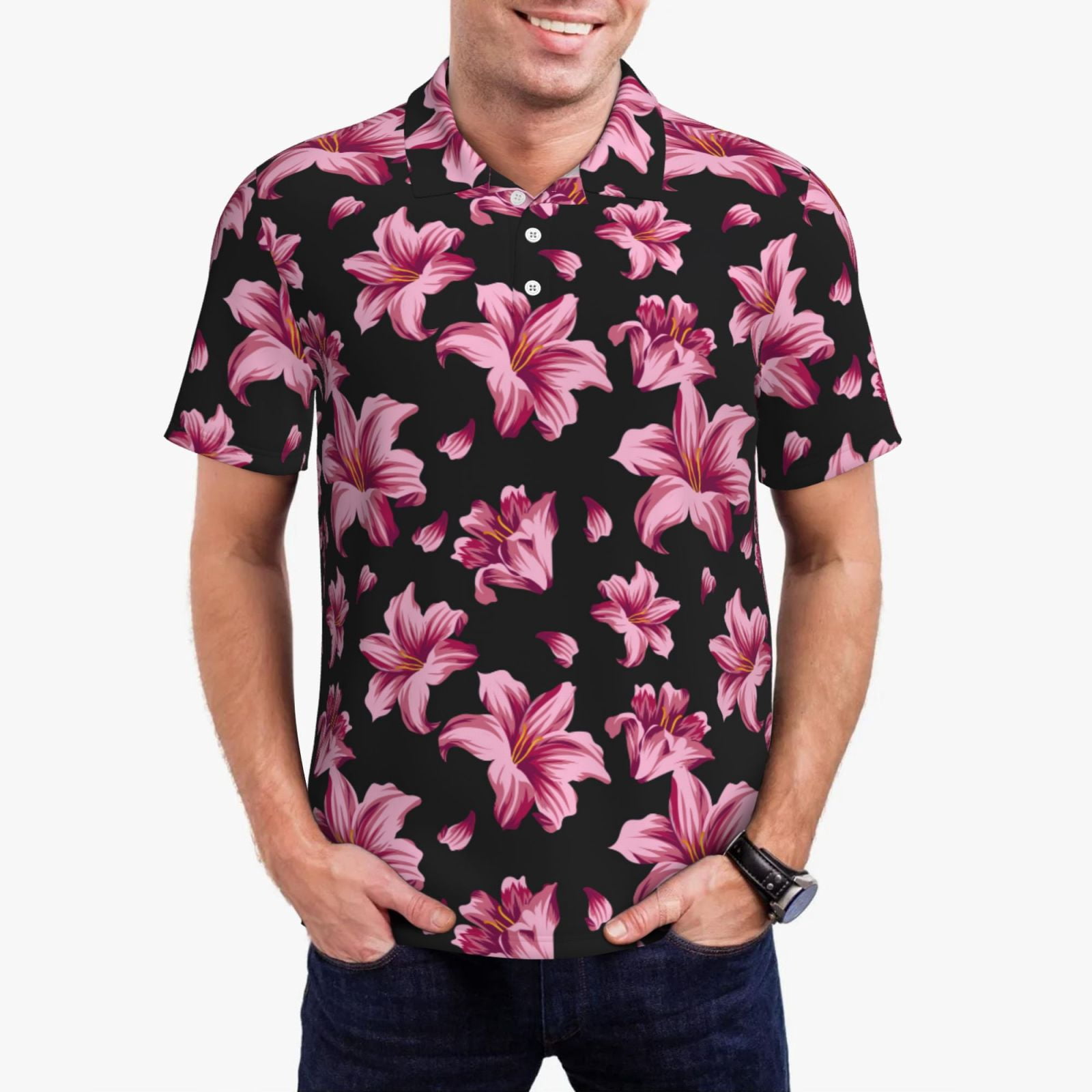 Daiia Lilies Flowers Pattern Men’s Polo Shirts,Solid Deck Shirt,Classic ...