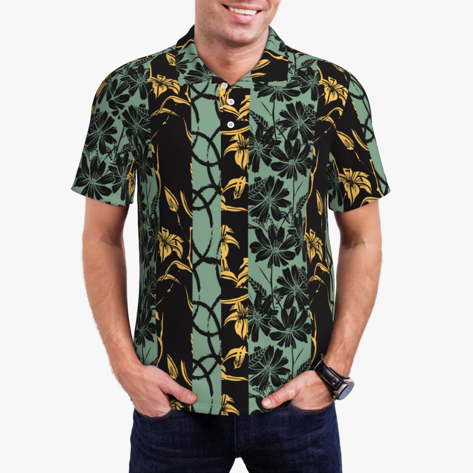 Daiia Lilies Flowers Pattern Men’s Polo Shirts,Solid Deck Shirt,Classic ...