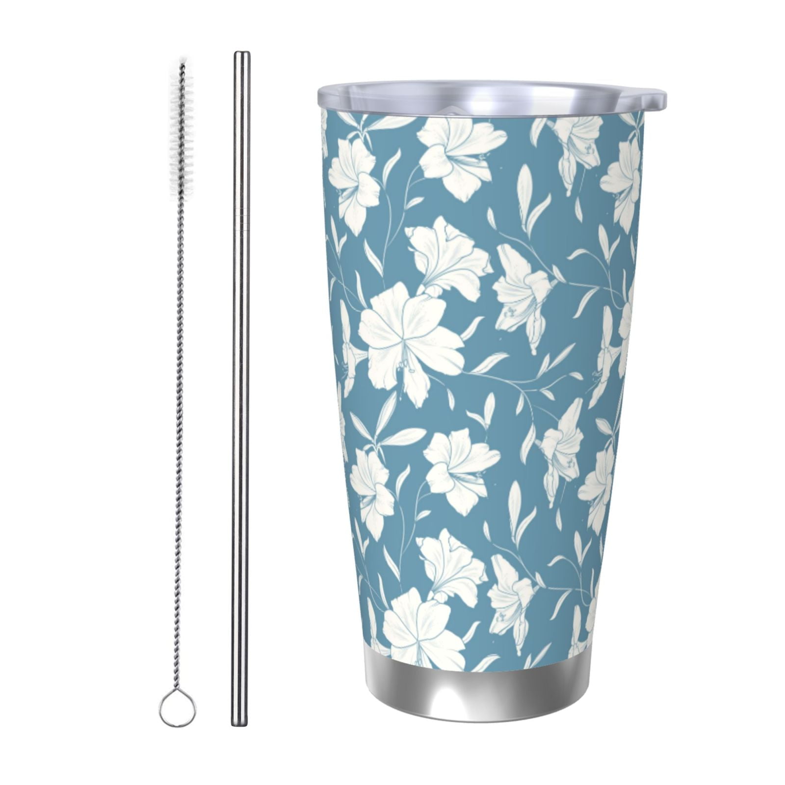 Daiia Lilies Flowers Printed 20oz Insulated Coffee Cup with Straw ...