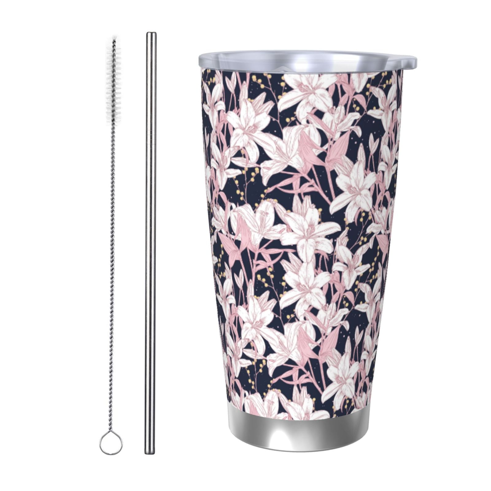 Daiia Lilies Flowers Printed 20oz Insulated Coffee Cup with Straw ...