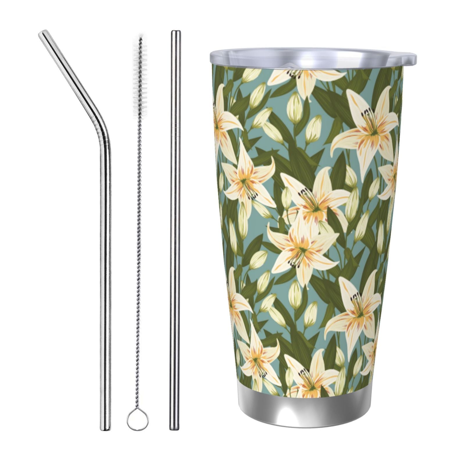 Daiia Lilies Flowers Printed 20oz Insulated Coffee Cup with Straw ...