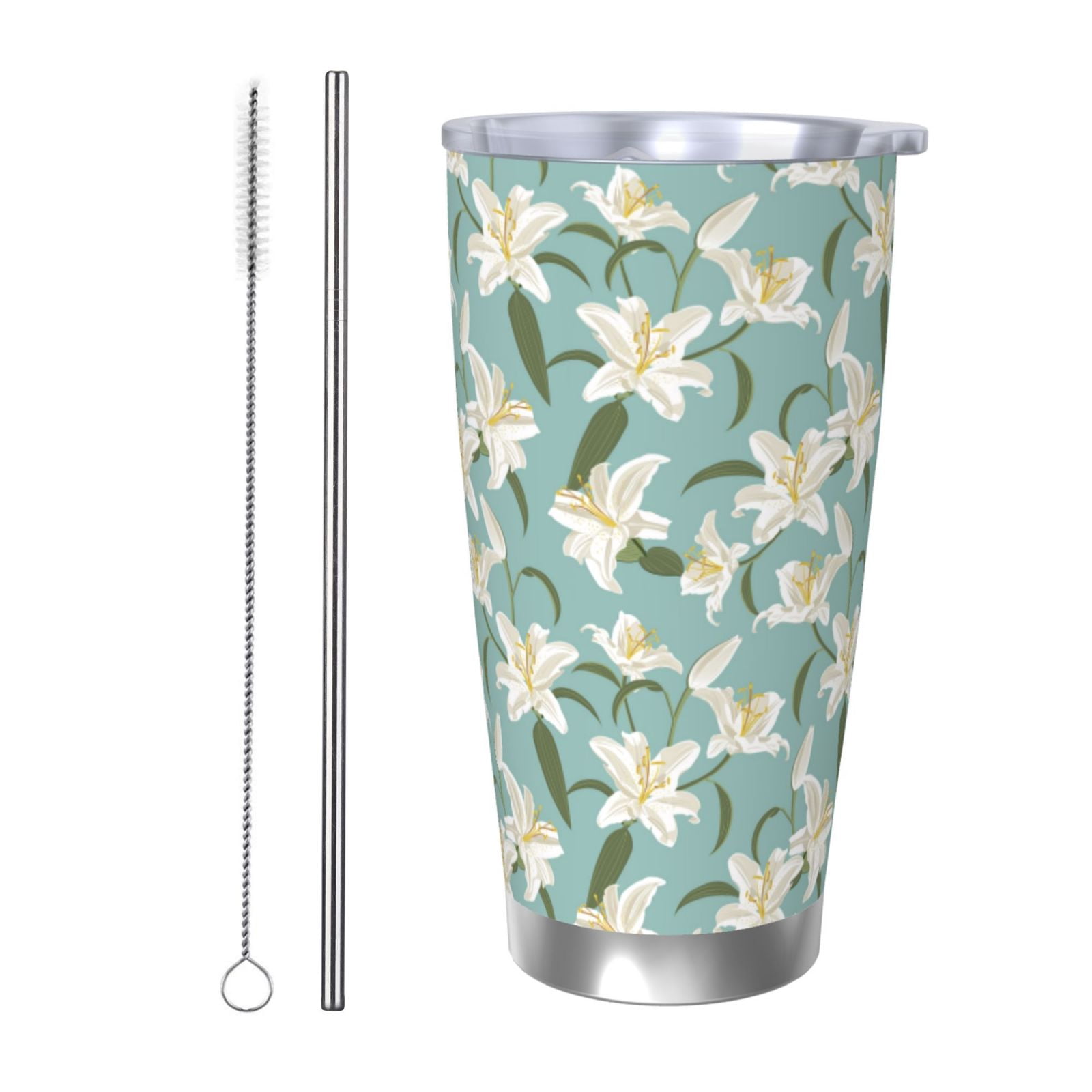 Daiia Lilies Flowers Printed 20oz Insulated Coffee Cup with Straw ...