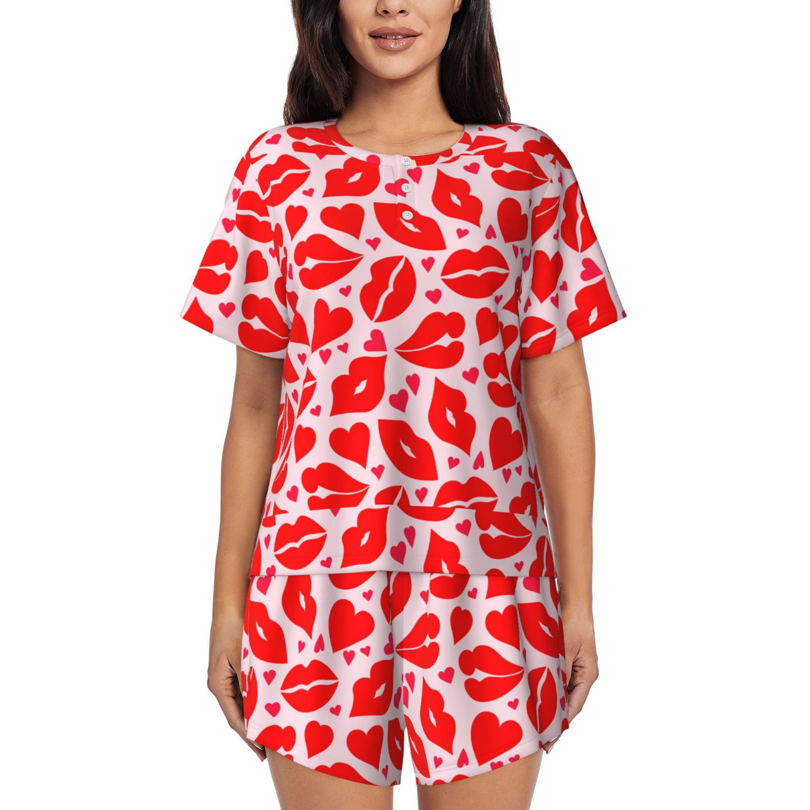 Daiia Lips Kiss Pattern Womens Pajama Sets Short Sleeve Pajamas for ...