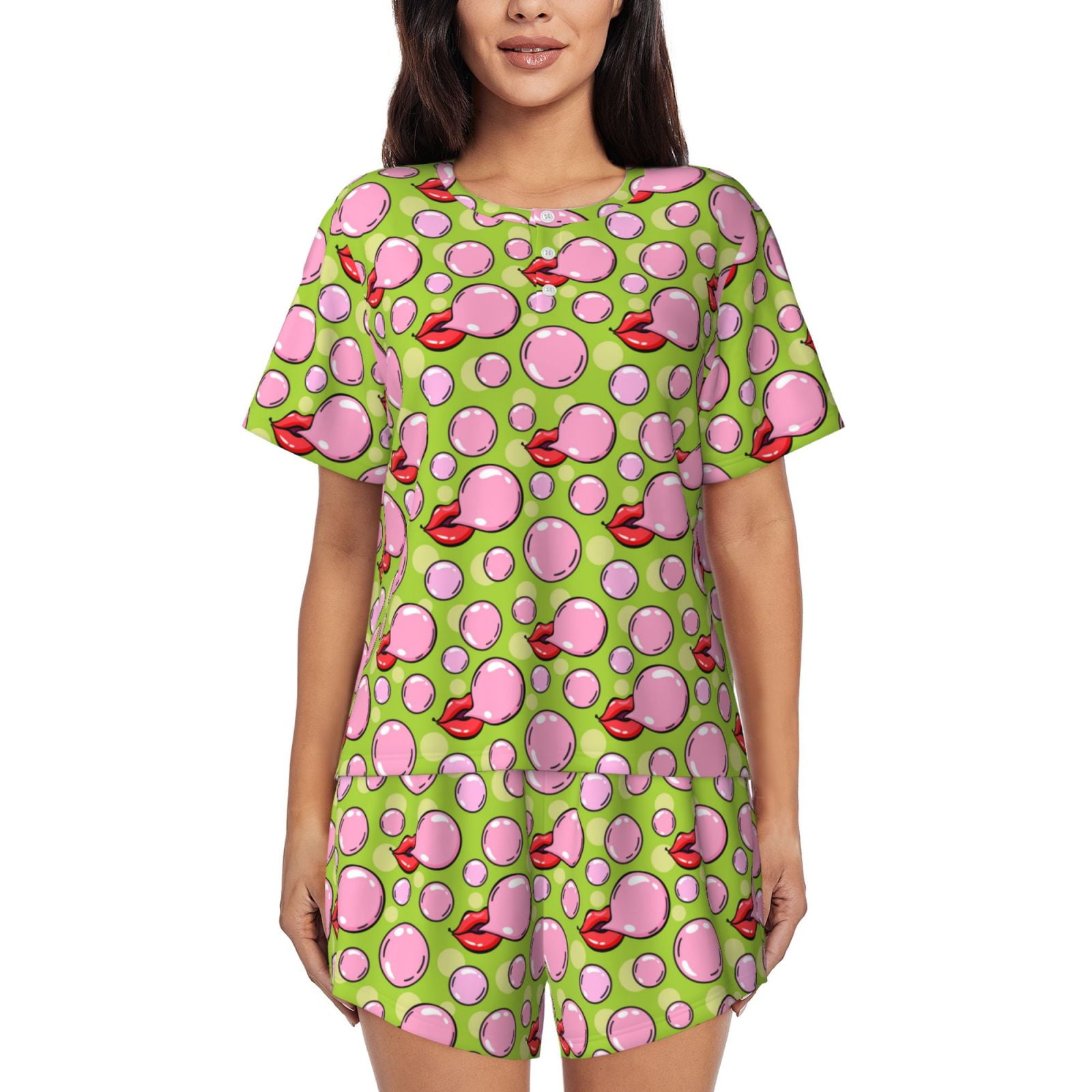 Daiia Lips blowing bubble gum Pattern Womens Pajama Sets Short Sleeve ...