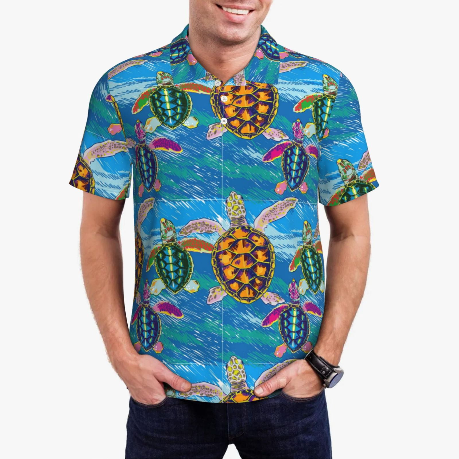 Daiia Little Sea Turtles Pattern Men’s Polo Shirts,Solid Deck Shirt ...