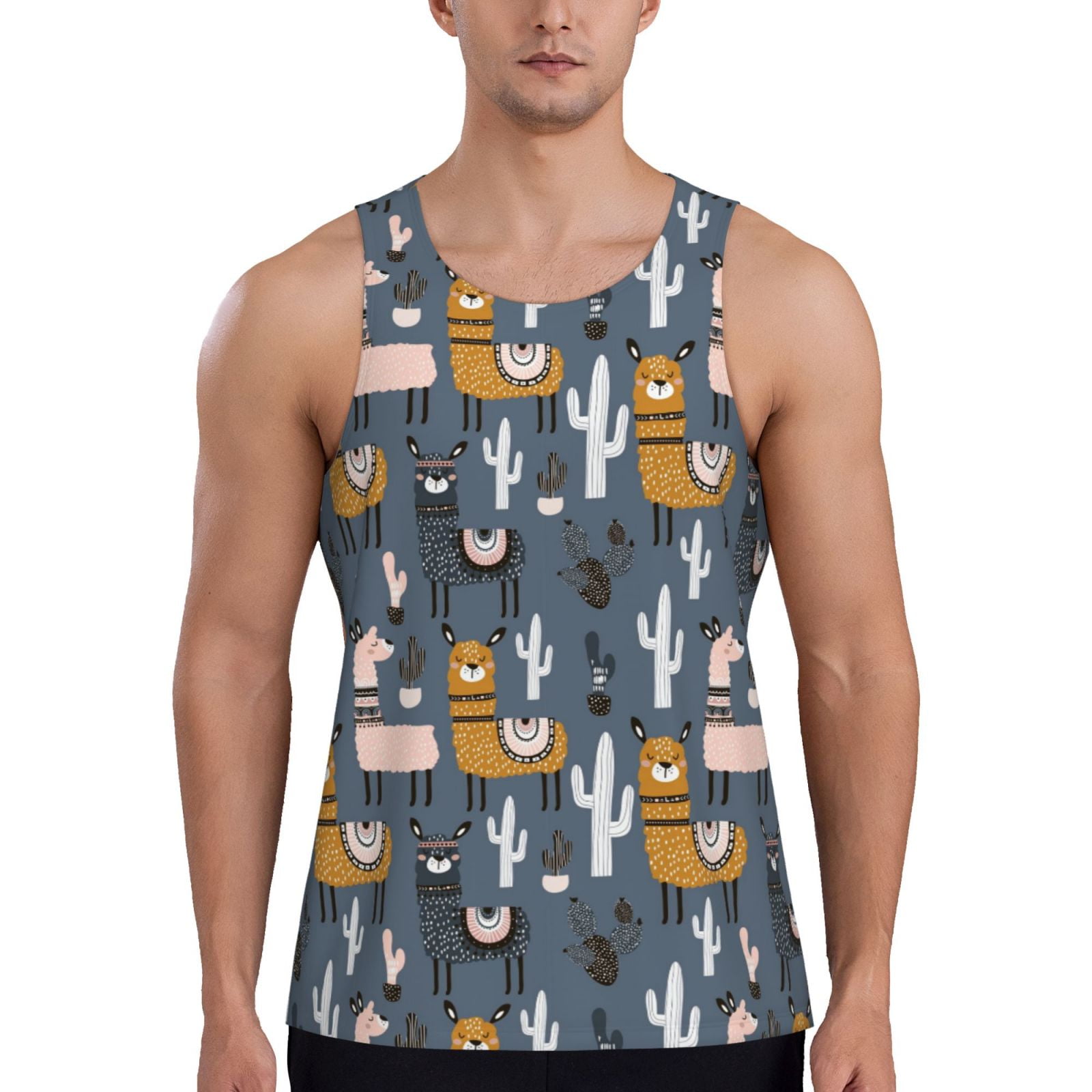 Daiia Llama and Cactus Printed Men's Quick Dry Fit Muscle Tank Top Slim ...