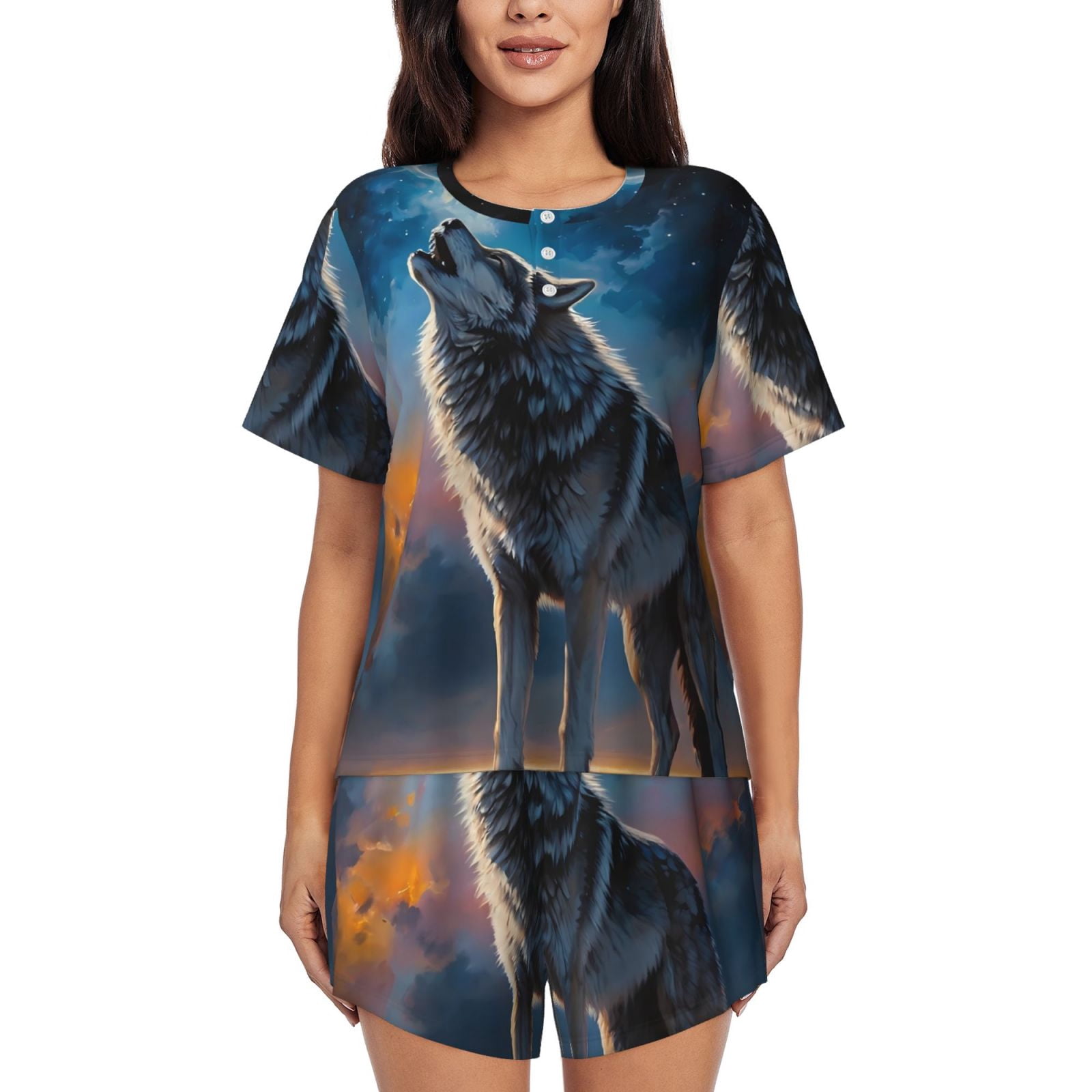 Daiia Lonely Night Sky Wolf Pattern Womens Pajama Sets Short Sleeve ...