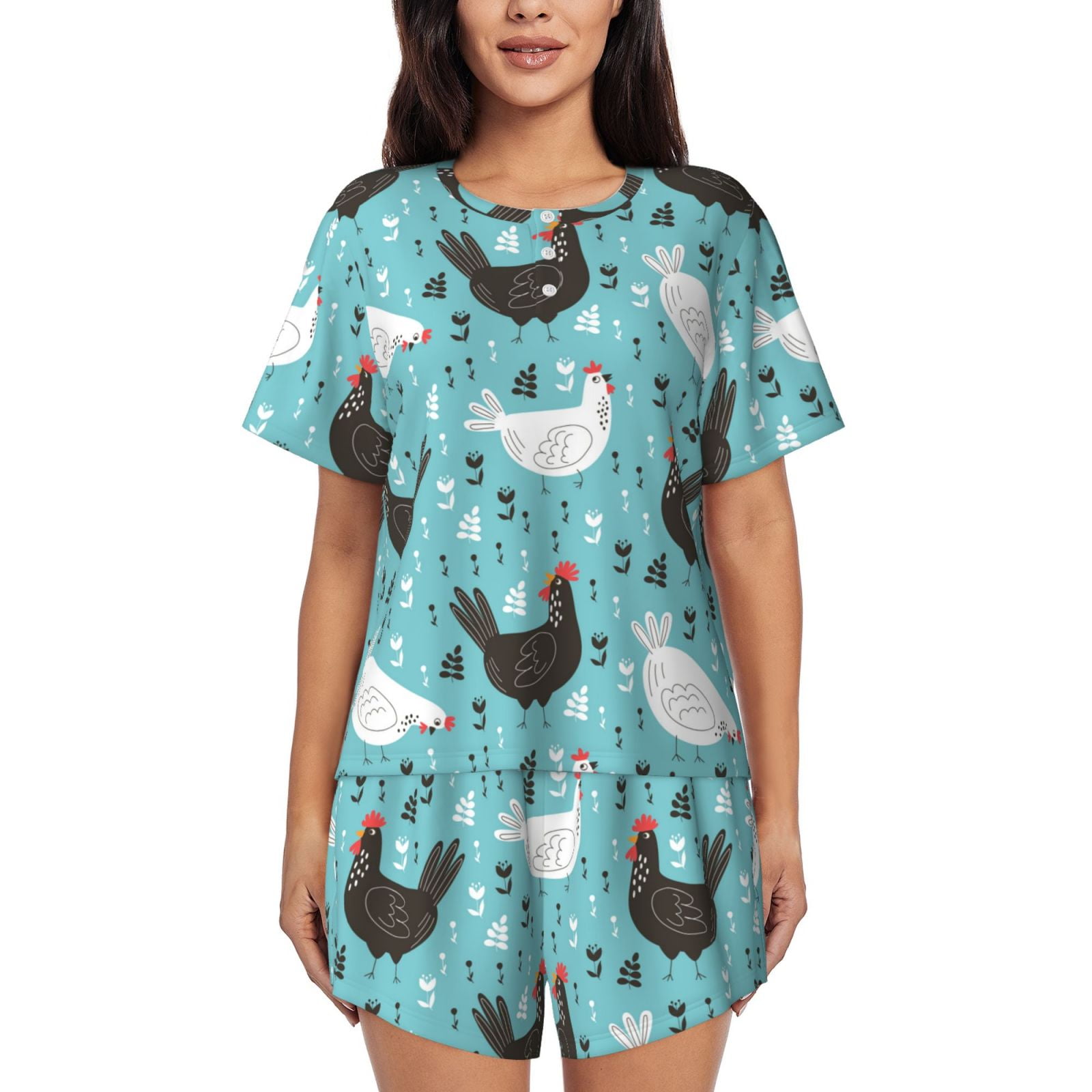 Daiia Lovely Roosters Pattern Womens Pajama Sets Short Sleeve Pajamas ...