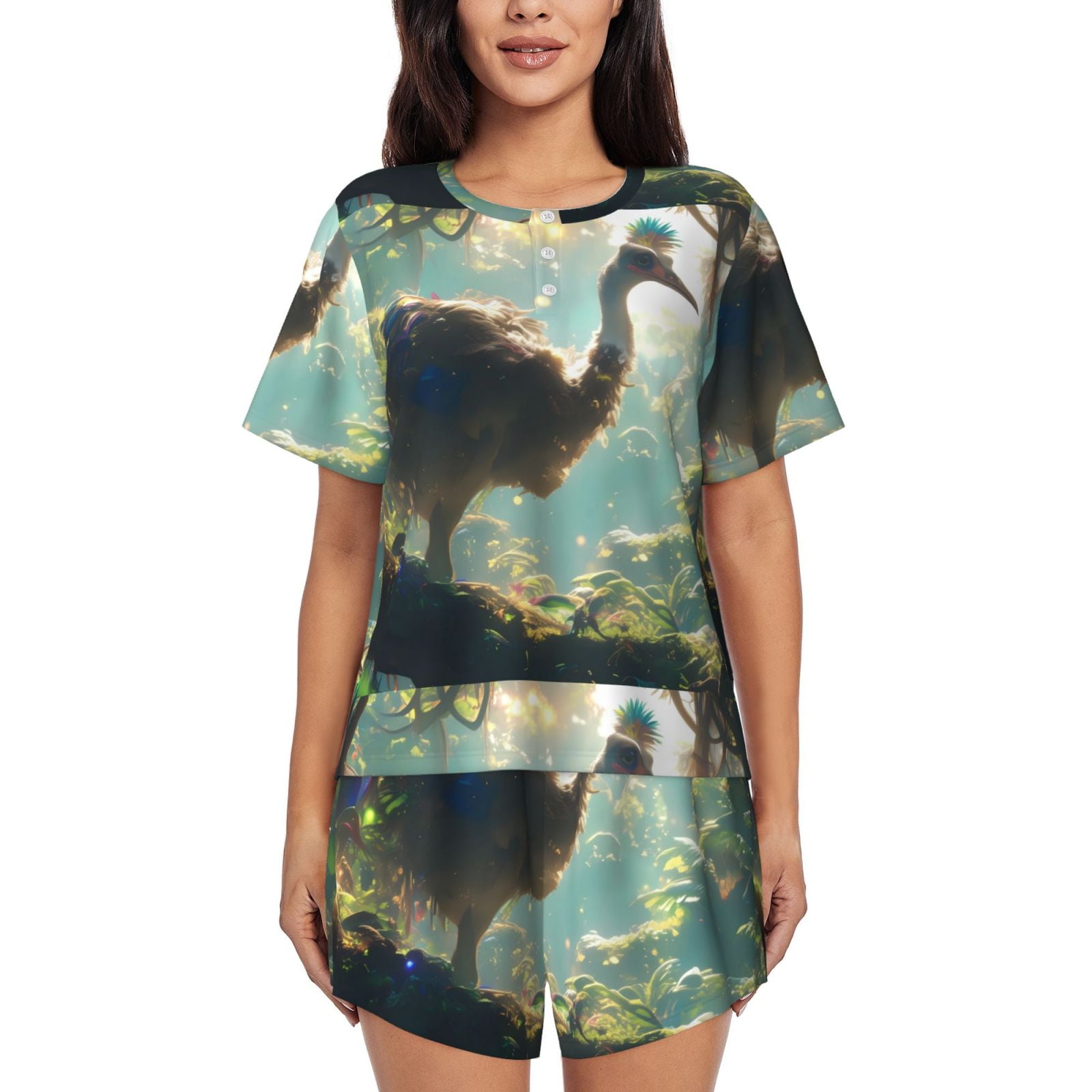 Daiia Majestic Ostrich In Forest Pattern Womens Pajama Sets Short ...