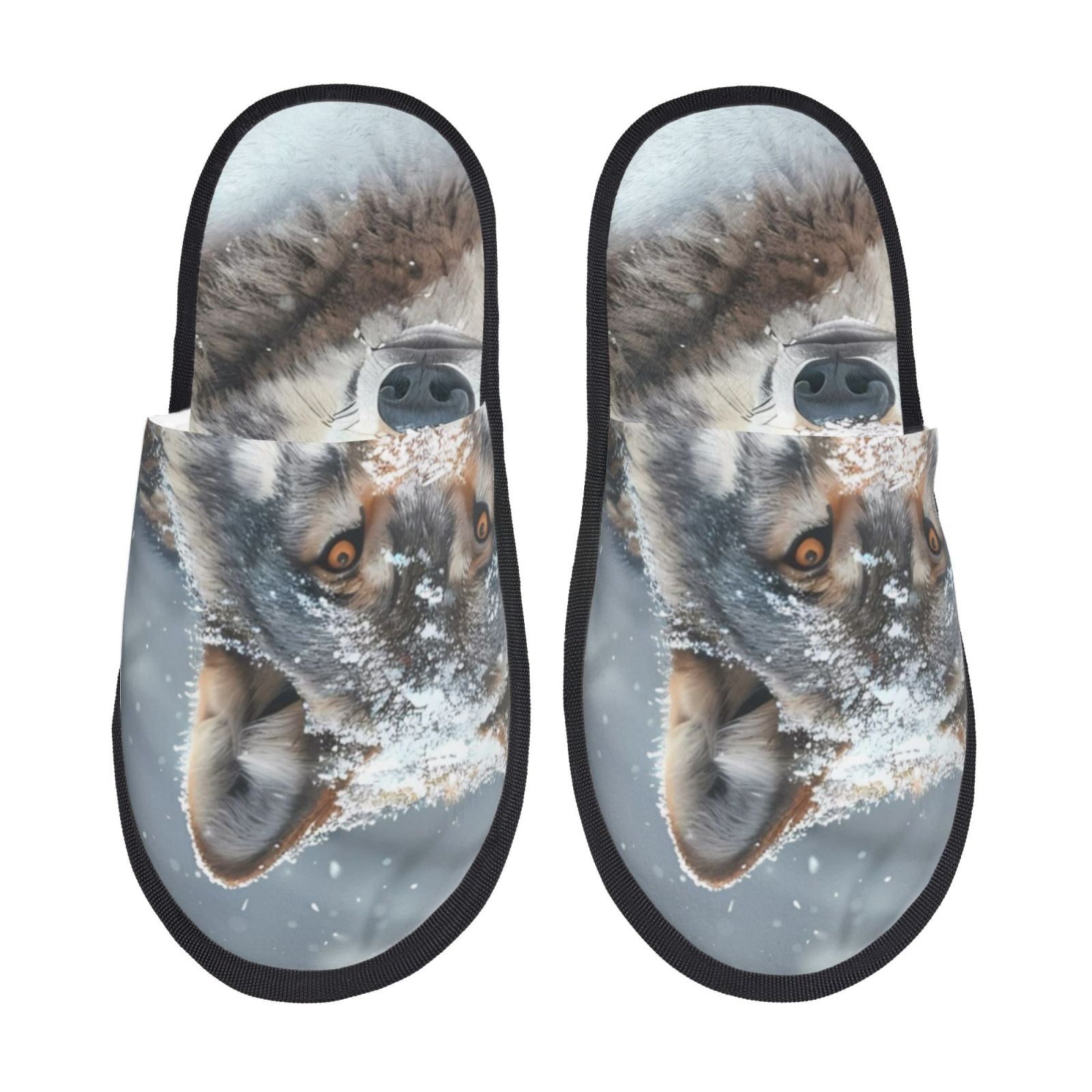 Daiia Majestic Snowy Wolf Pattern Furry Slippers for Women and Men ...