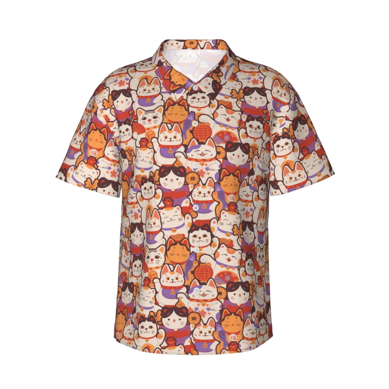 Daiia Maneki-Neko Cats Hawaiian Shirt for Men Gentle Cotton Regular ...