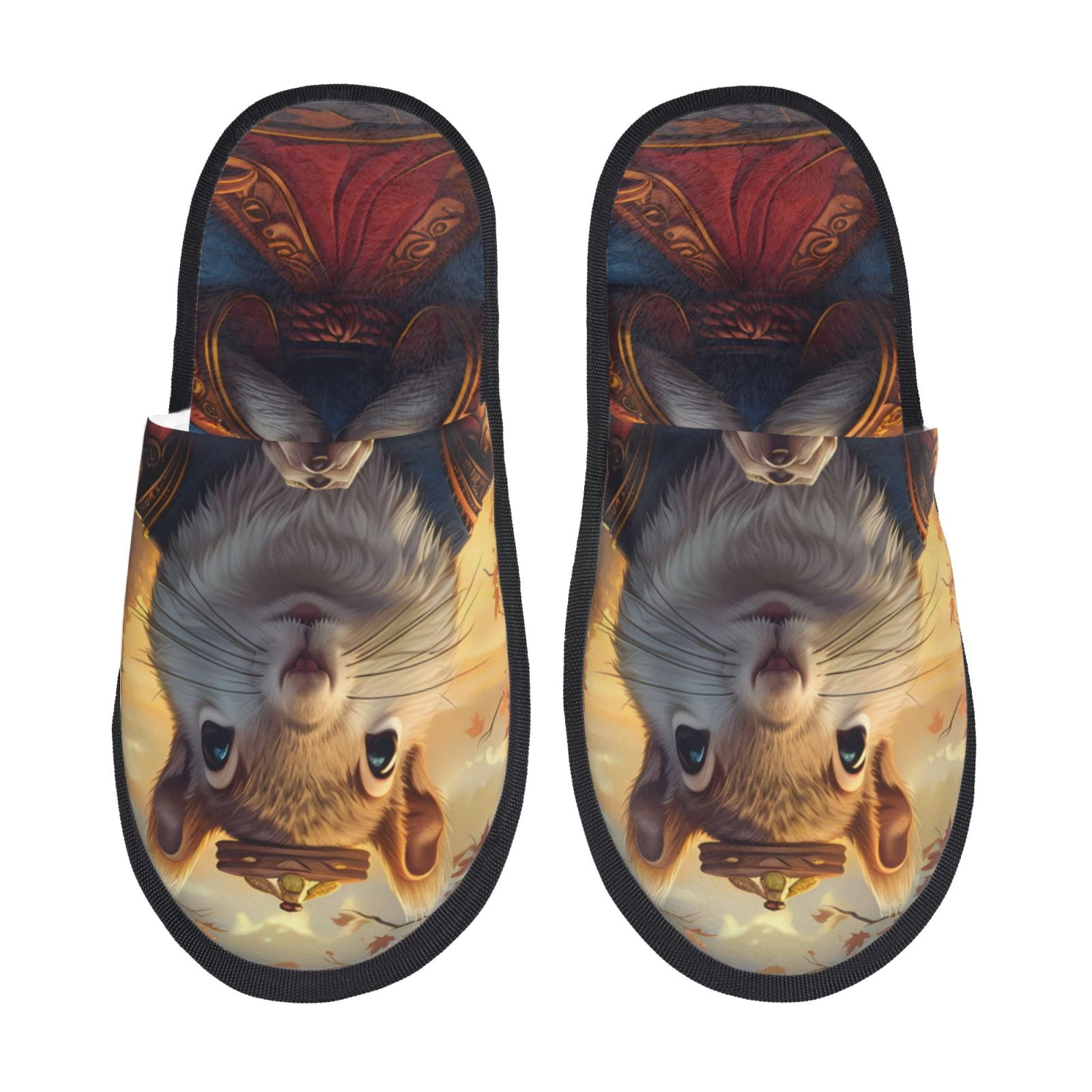 Daiia Maple Leaf Meditating Squirrel Pattern Furry Slippers for Women ...