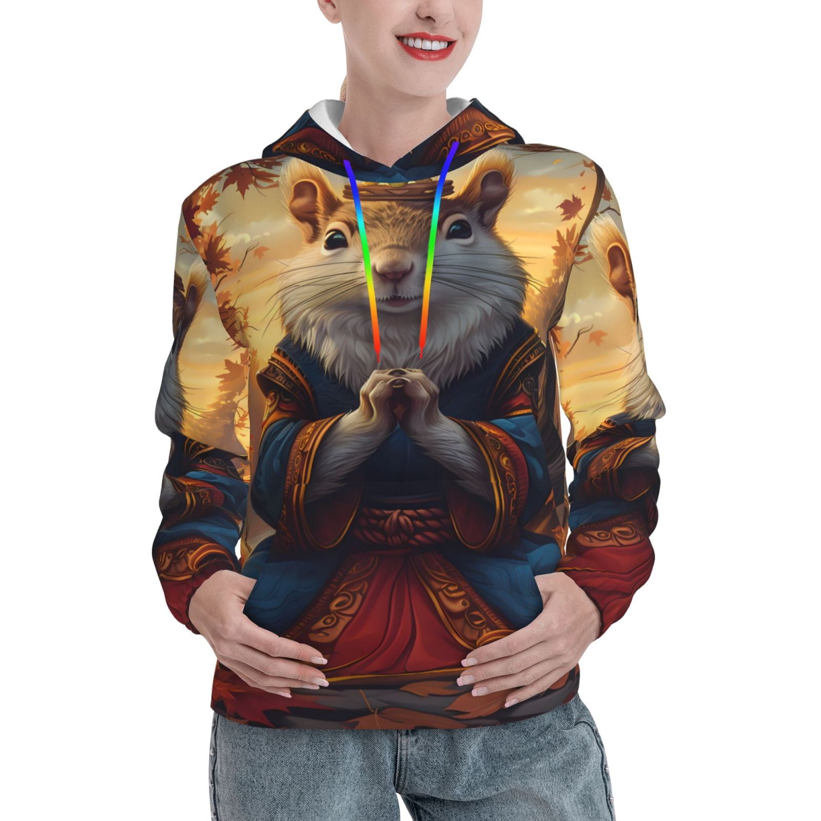Daiia Maple Leaf Meditating Squirrel Pattern Women's Fashion Hoodies ...