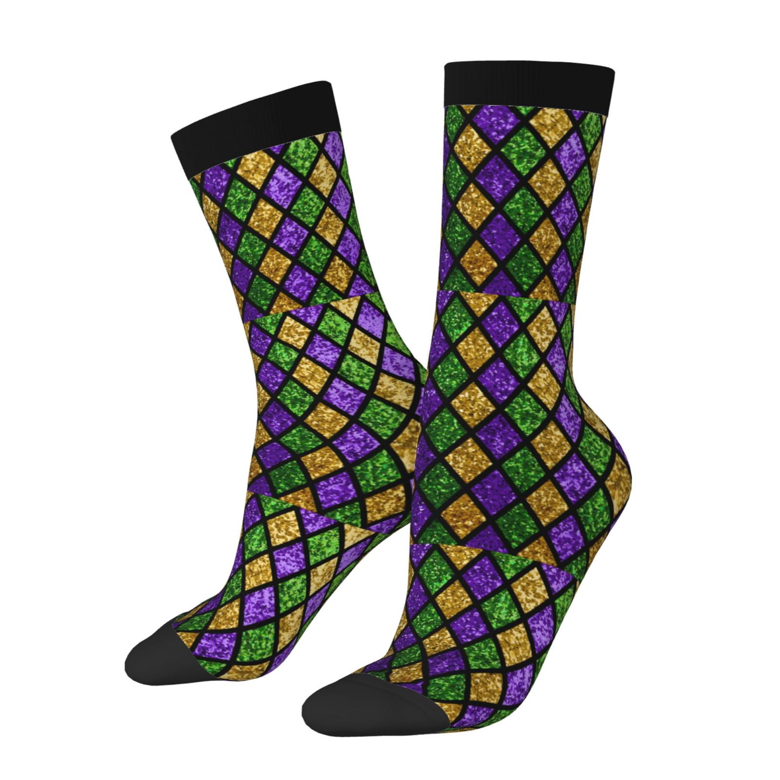 Daiia Mardi Gras Shiny Green Purple Print Crew Socks – Soft Breathable ...
