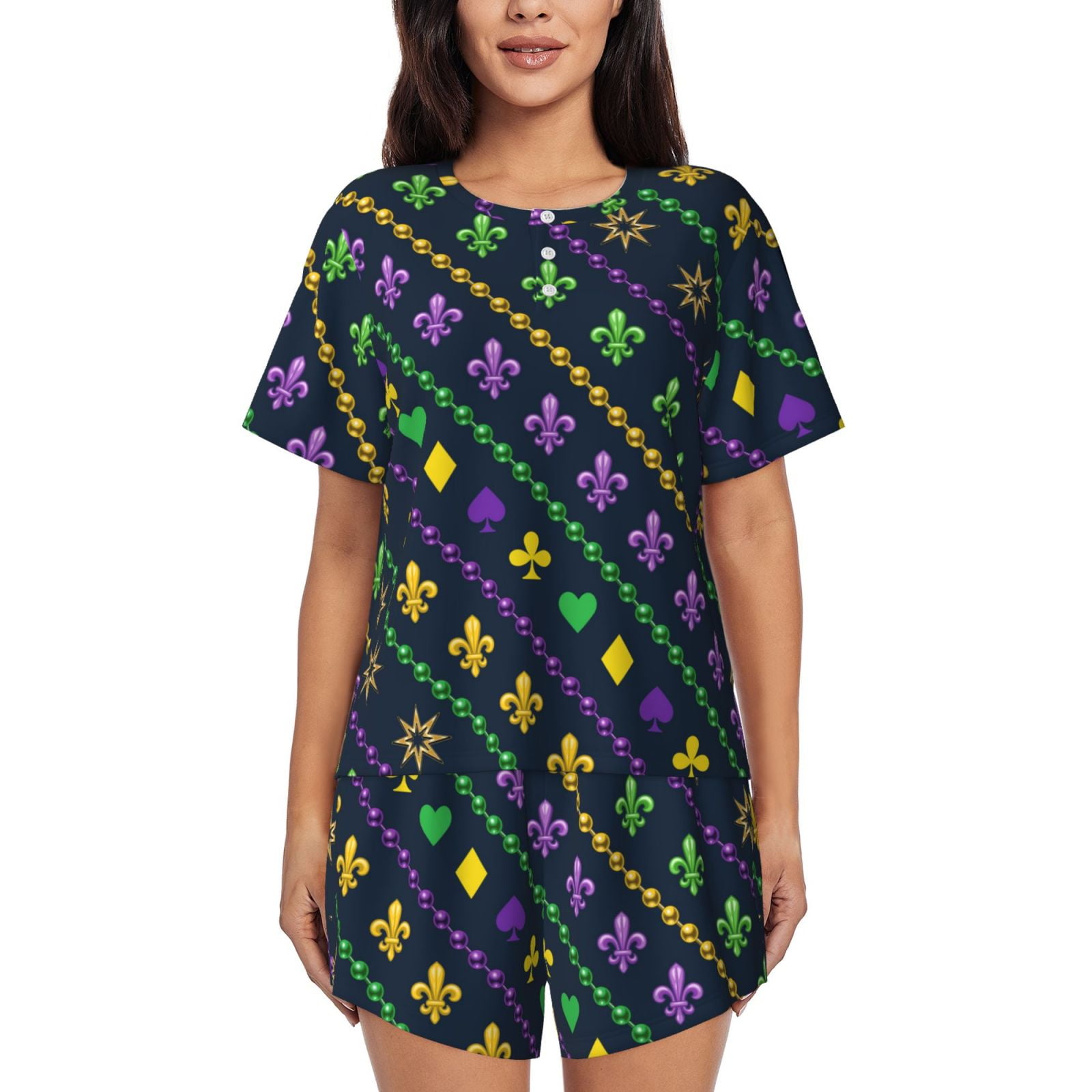 Daiia Mardi Gras Strings of Beads Pattern Womens Pajama Sets Short ...