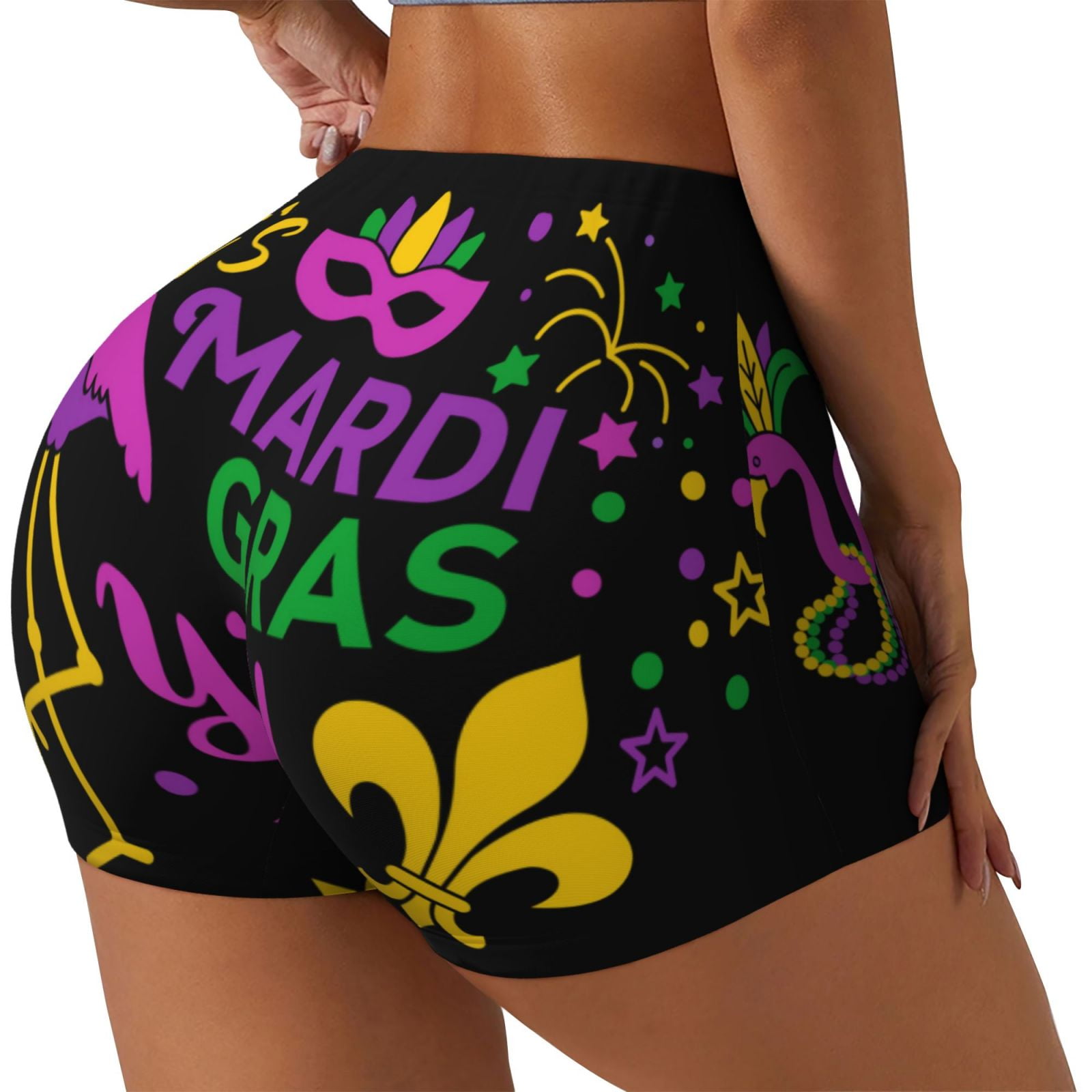 Daiia Mardi Gras with Flamingo Pattern Women's Workout Shorts Biker ...