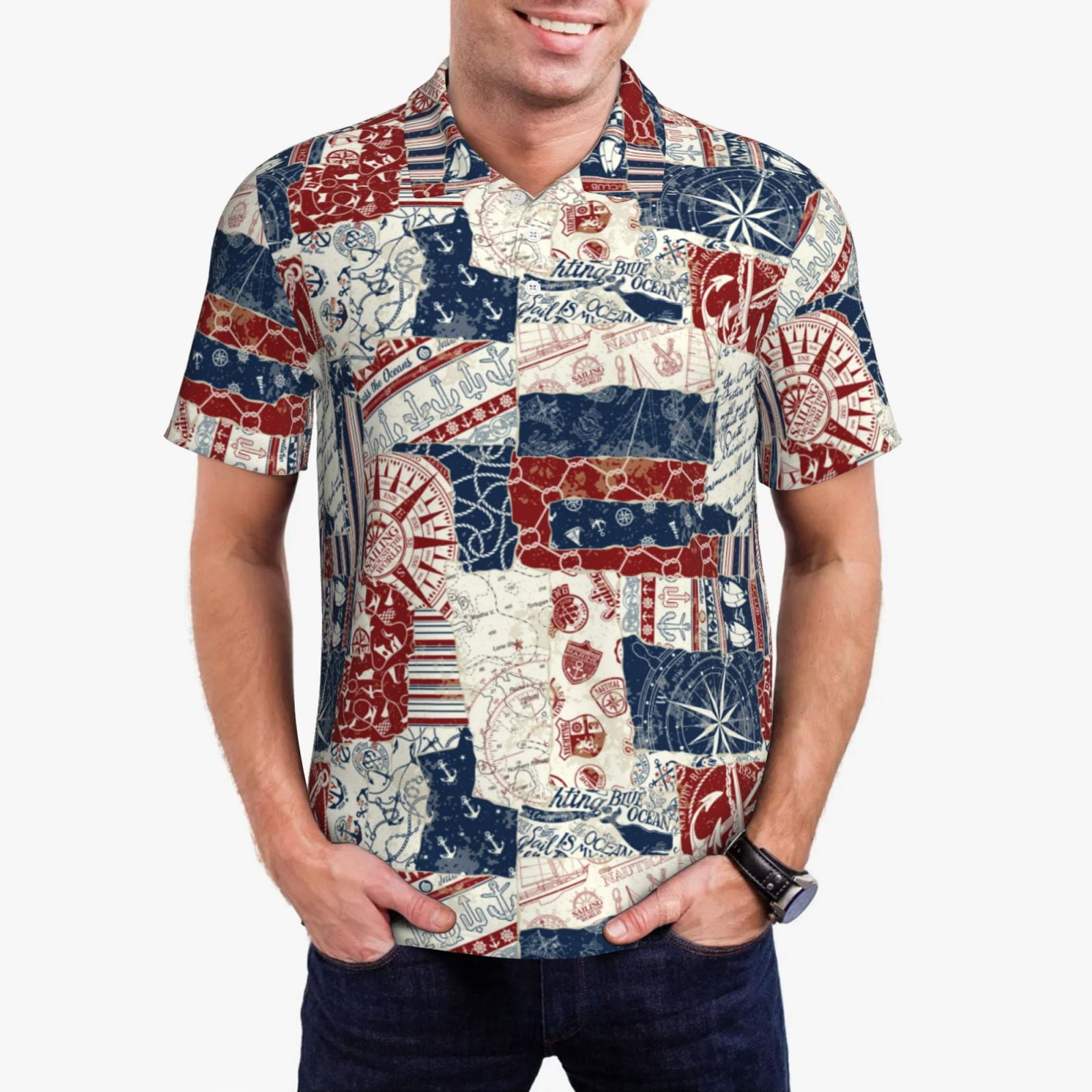 Daiia Marine Sailing Pattern Men’s Polo Shirts,Solid Deck Shirt,Classic ...