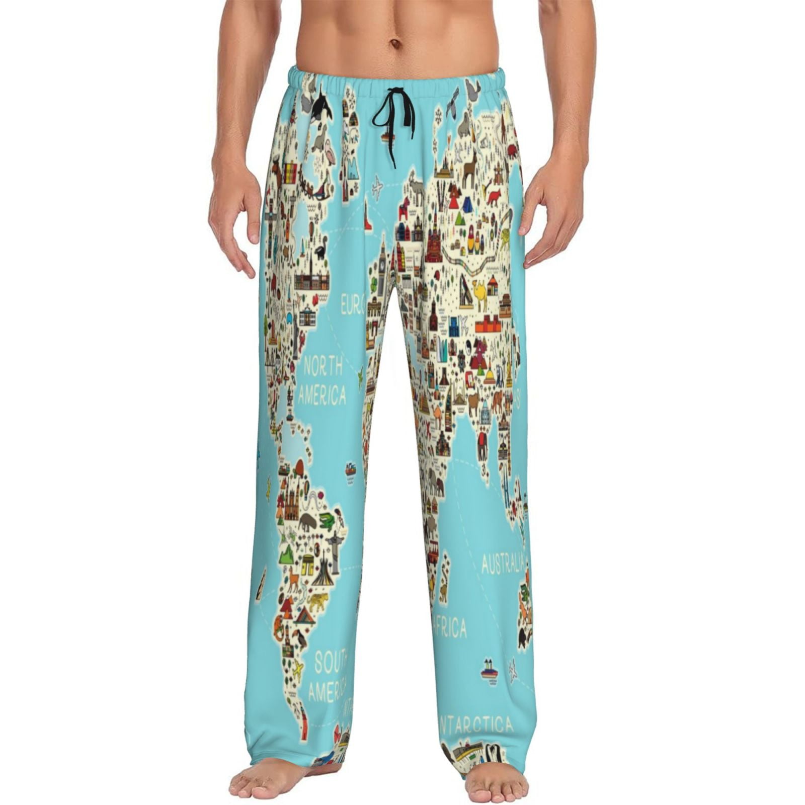 Daiia Men'S World Travel Line Icons Map Pants,Bottoms Sleep Lounge,Pajama Pants,Pj Bottoms ...