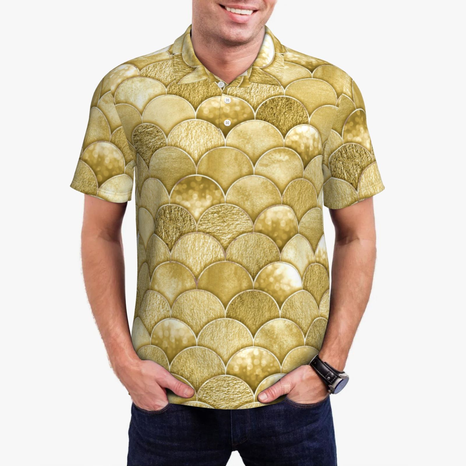 Daiia Mermaid Fish Scale Pattern Men’s Polo Shirts,Solid Deck Shirt ...