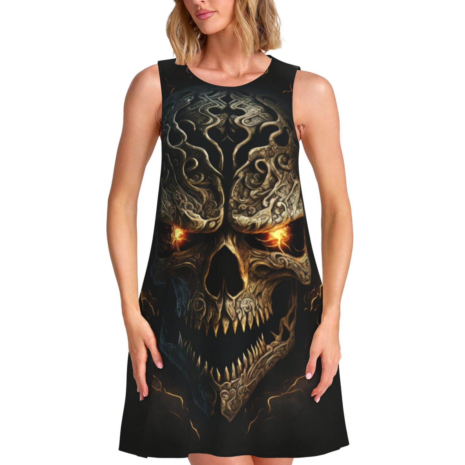 Daiia Metal Evil Skull Print Women's Dresses 2025 Trendy Short sleeve ...