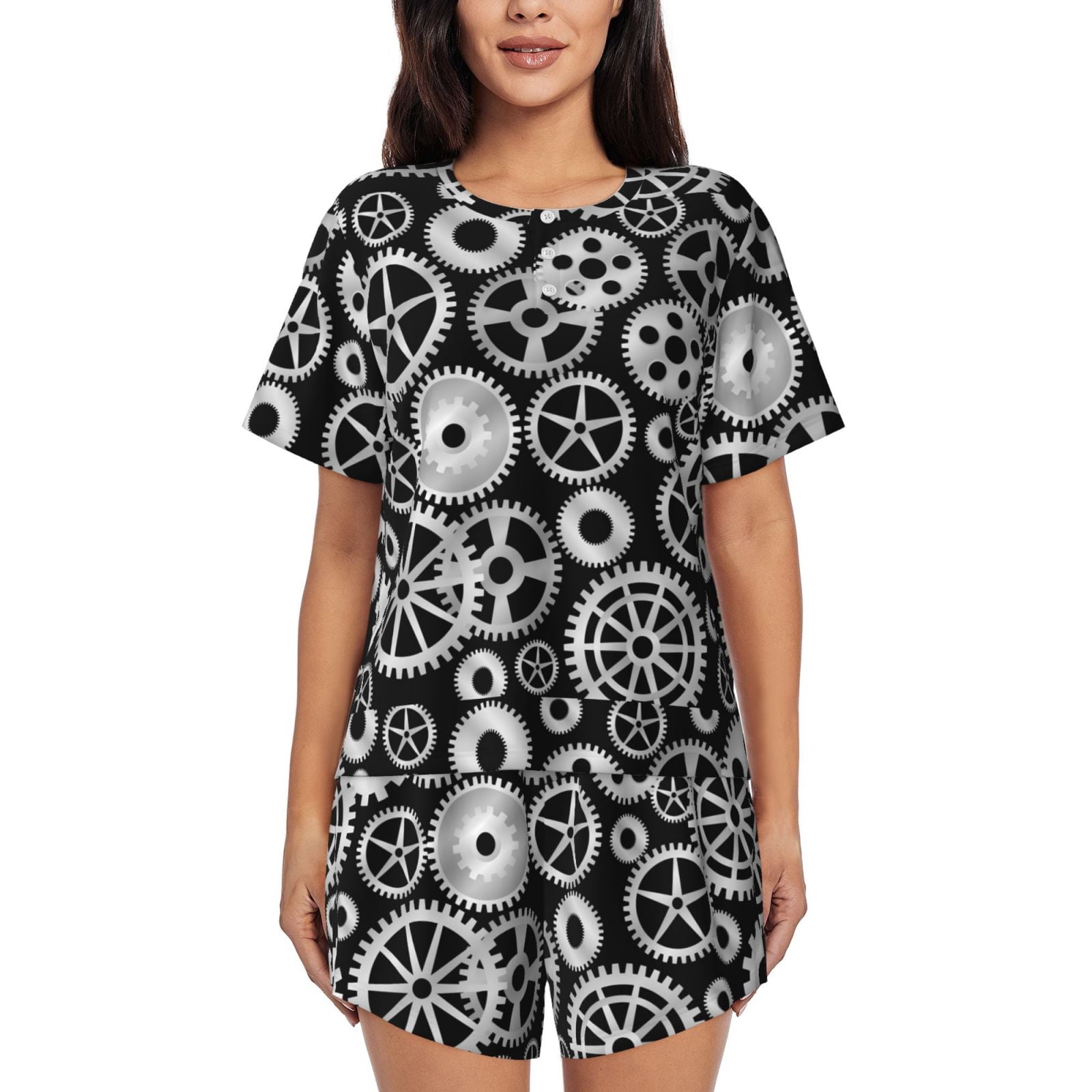 Daiia Metallic Gears Pattern Womens Pajama Sets Short Sleeve Pajamas ...