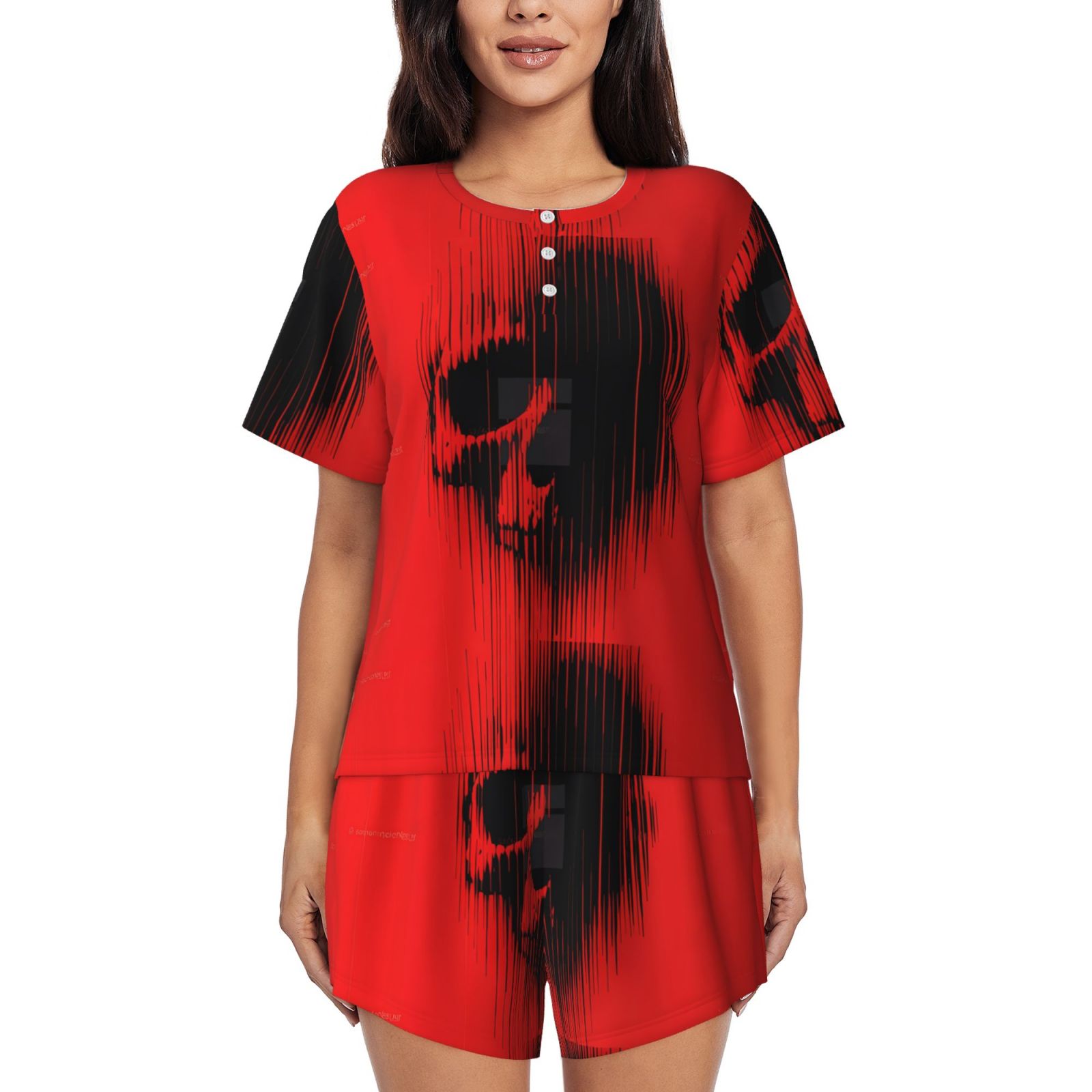 Daiia Minimalist Skull Red Pattern Womens Pajama Sets Short Sleeve ...