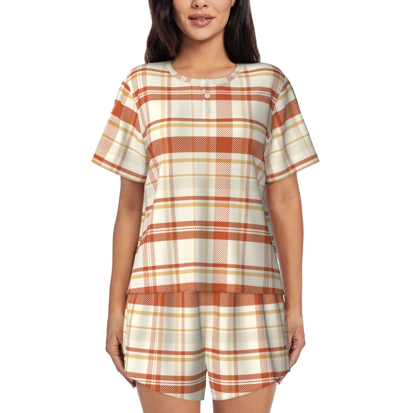 Daiia Minimalist plaid Pattern Womens Pajama Sets Short Sleeve Pajamas ...