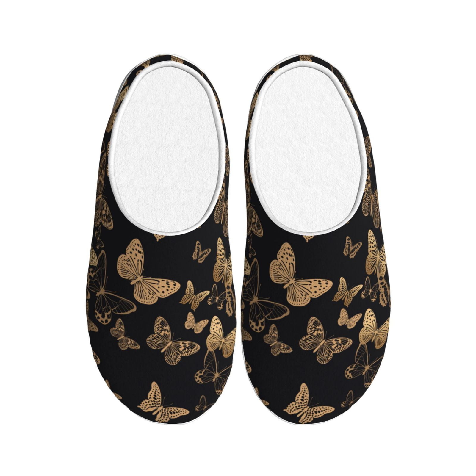 Daiia Modern Golden Butterfly Print Women’s Fuzzy Slippers Memory Foam ...