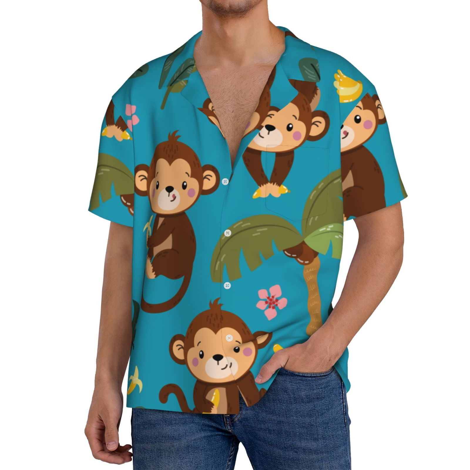 Daiia Monkeys Swinging from Palms Pattern Men's Linen Shirts Short ...