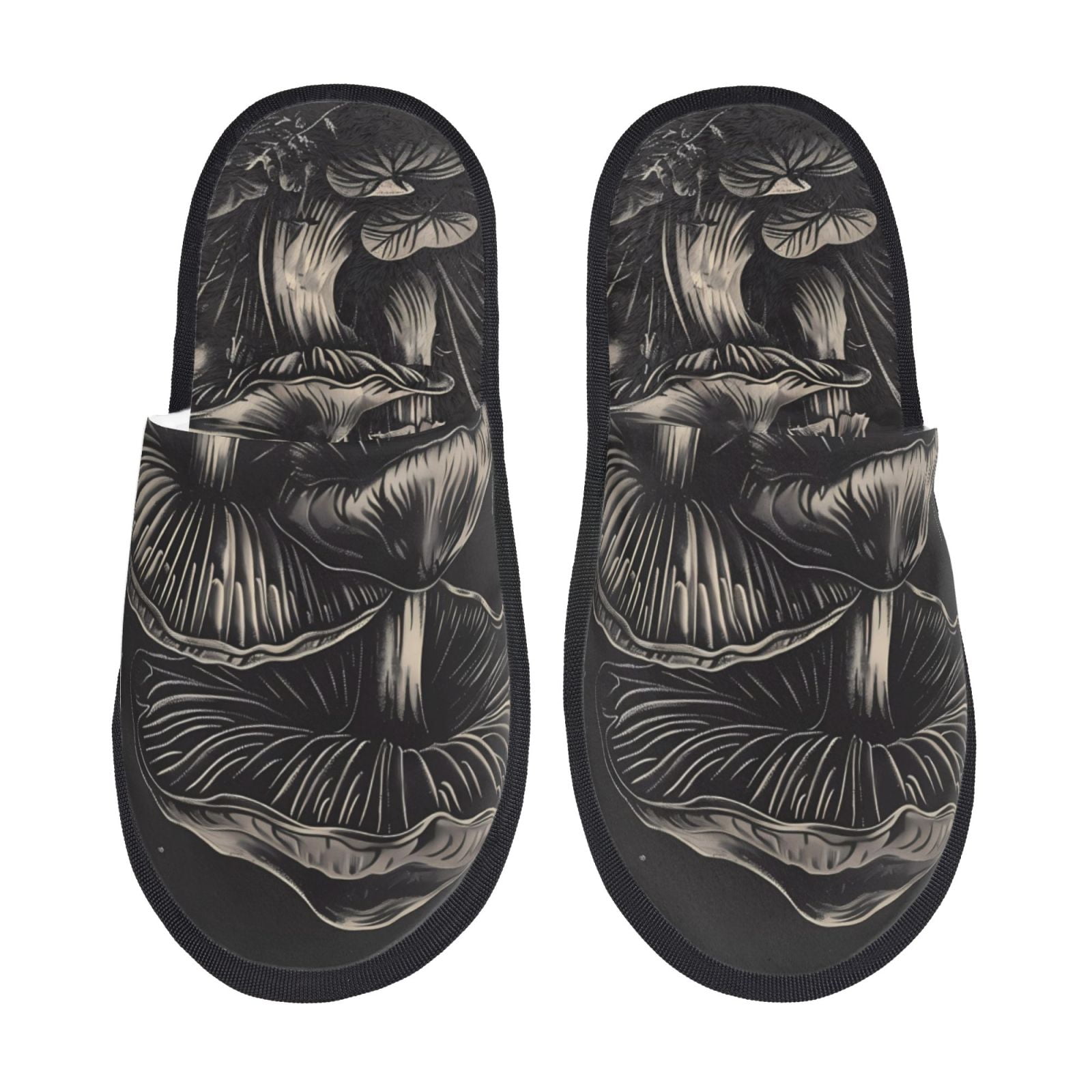 Daiia Monochrome Mushroom Artwork Pattern Furry Slippers for Women and ...