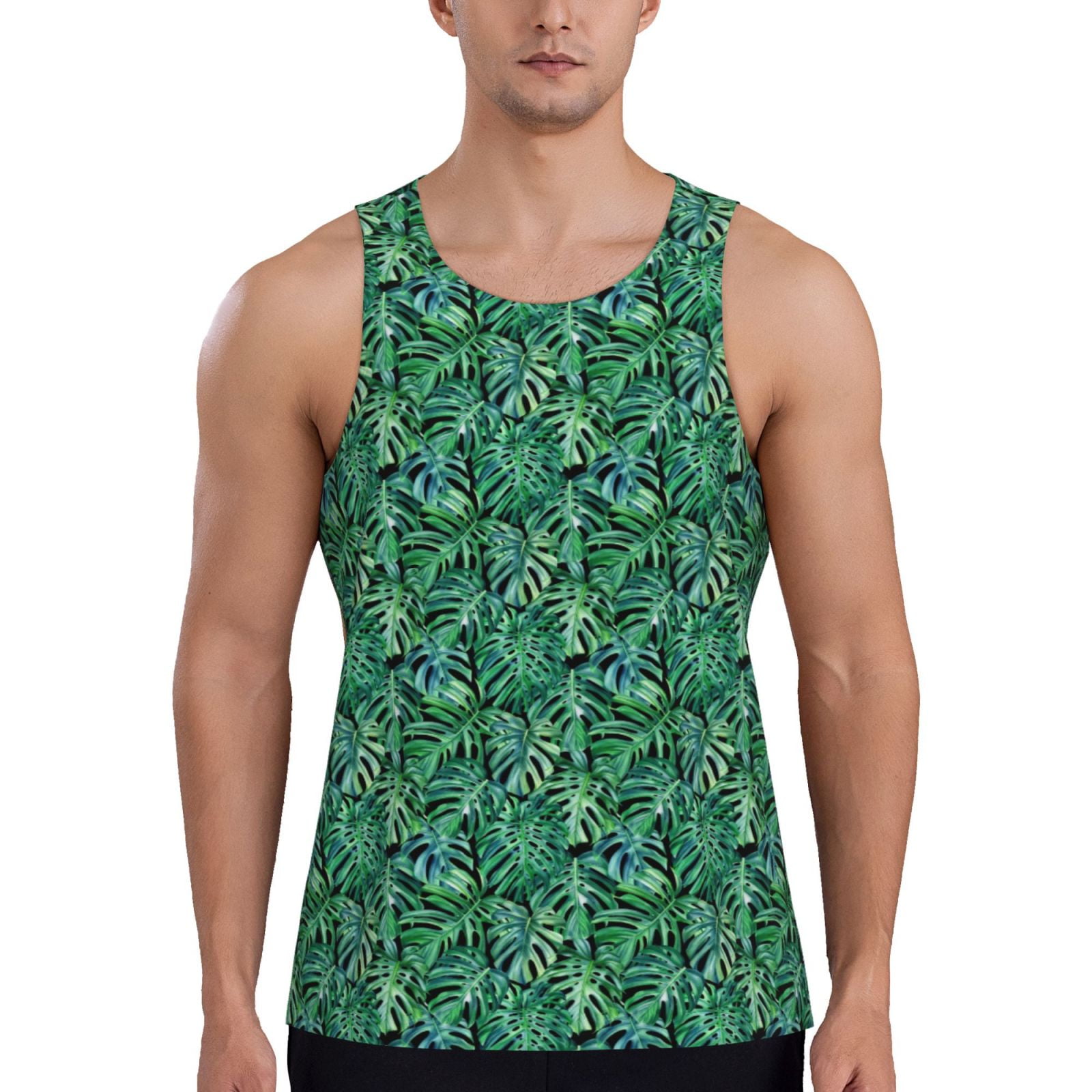 Daiia Monstera Leaves Printed Men's Quick Dry Fit Muscle Tank Top Slim ...