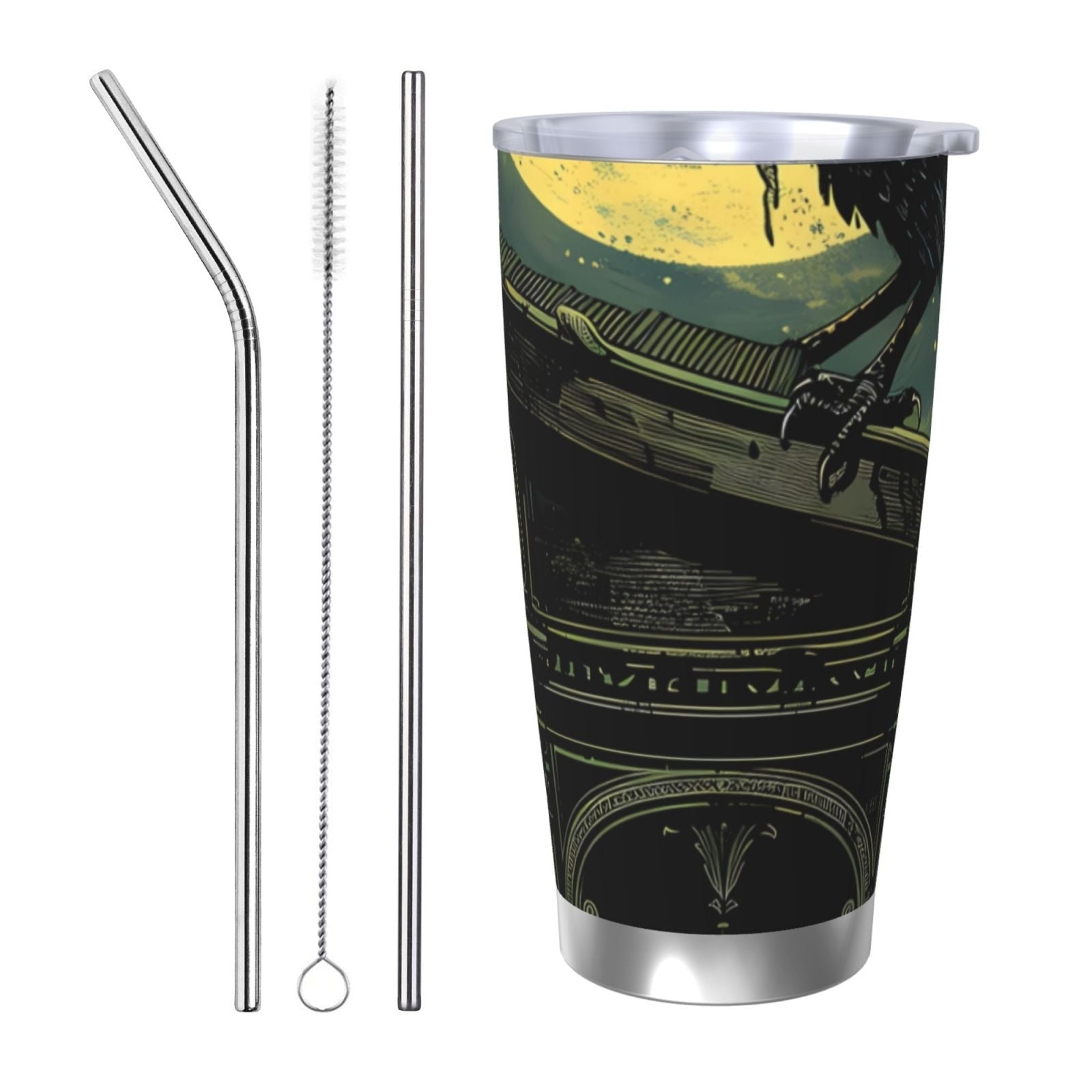 Daiia MoonNight Sky Crow Printed 20oz Insulated Coffee Cup with Straw ...