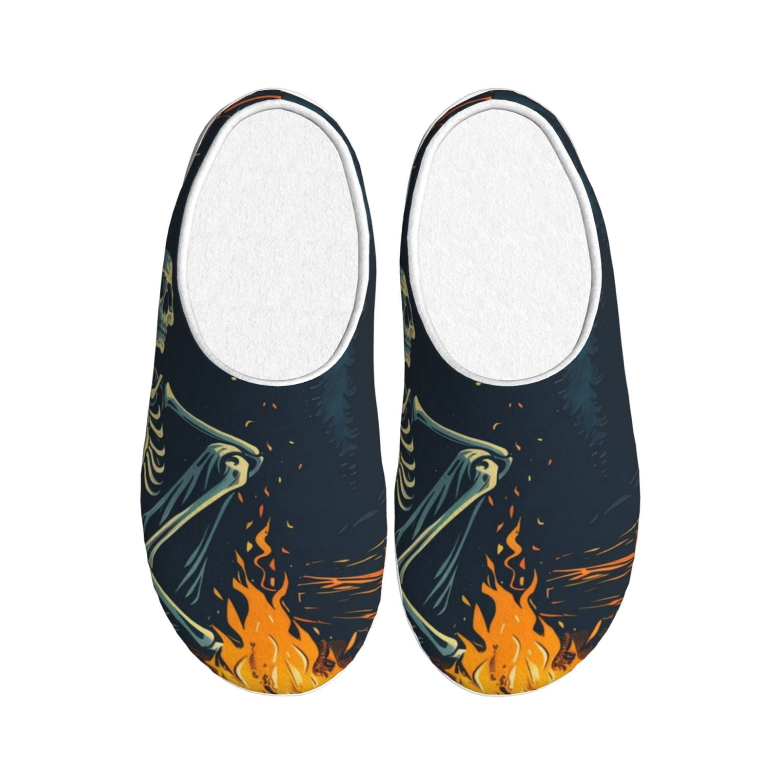 Daiia Moonlit Skeleton Campfire Print Women’s Fuzzy Slippers Memory ...