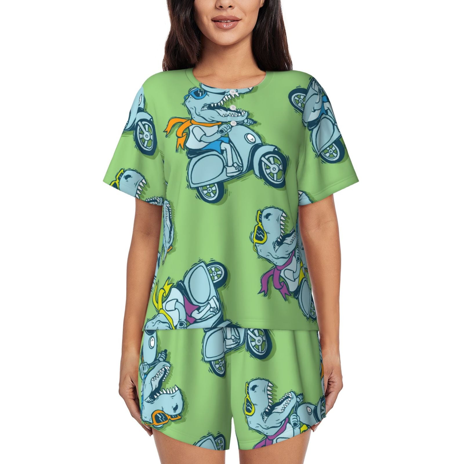 Daiia Motorcycle Riding Dinosaur Pattern Womens Pajama Sets Short ...