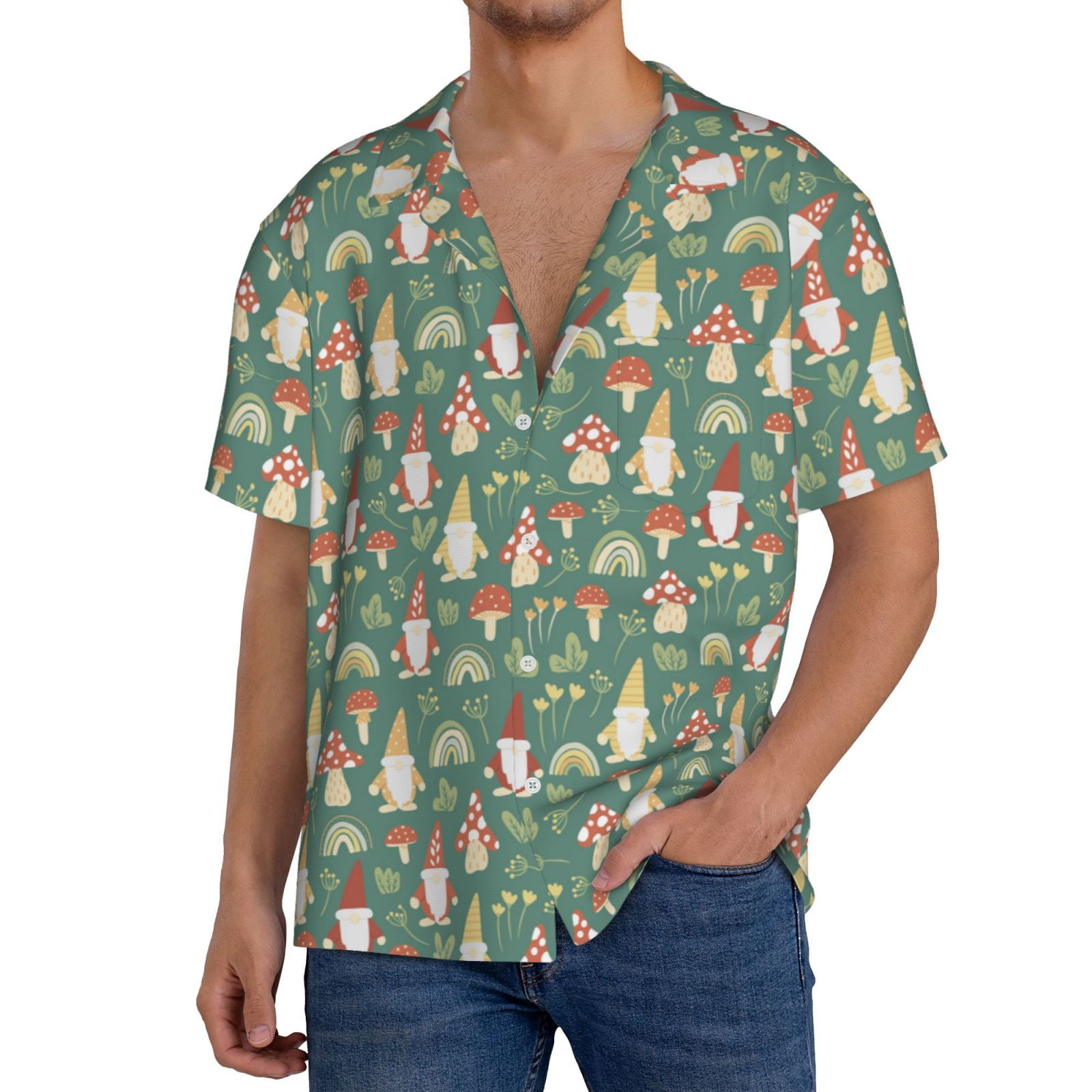 Daiia Mushrooms Gnome Men's Linen Shirts Short Sleeve Casual Shirts ...
