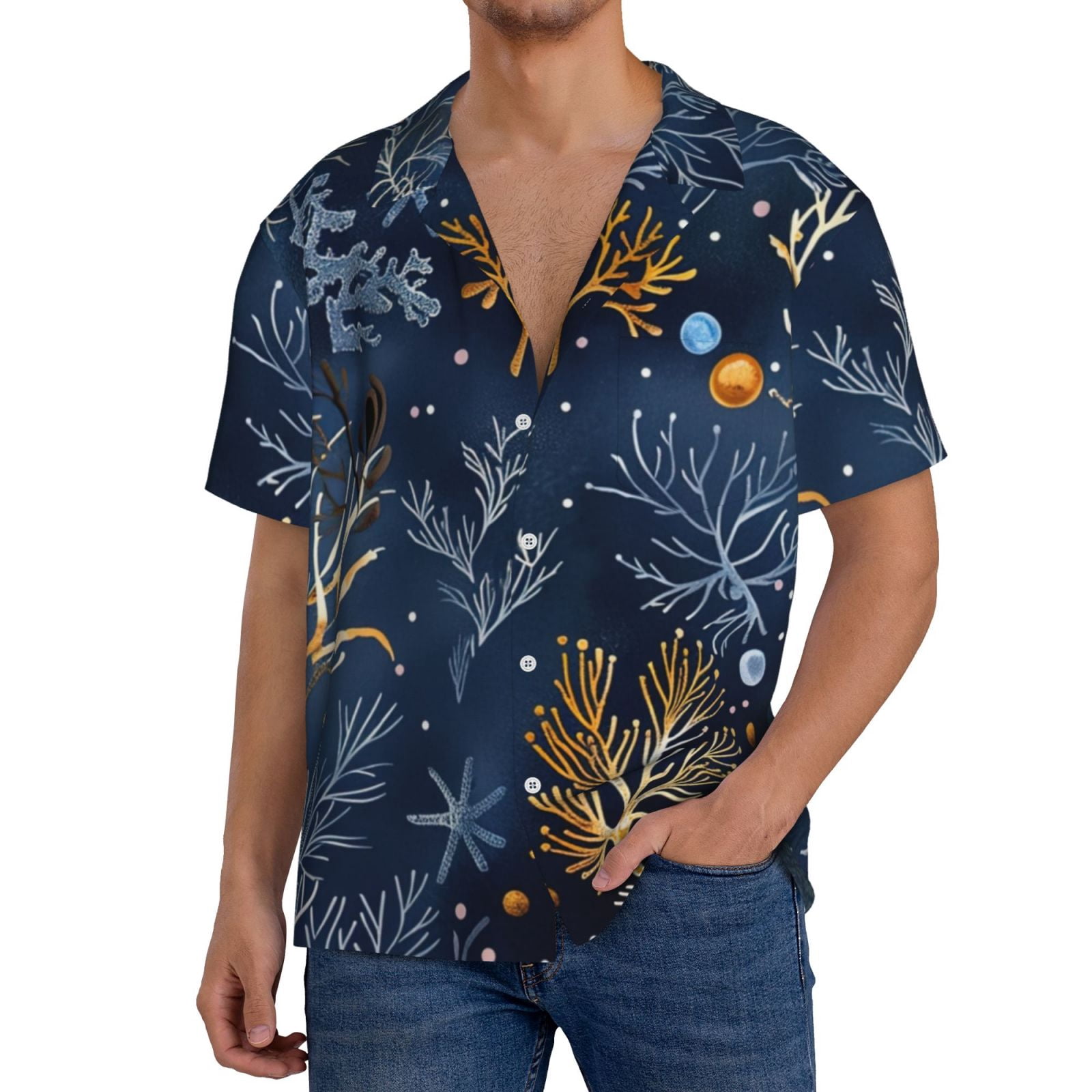 Daiia Mystical Underwater Coral Scene Men's Linen Shirts Short Sleeve ...