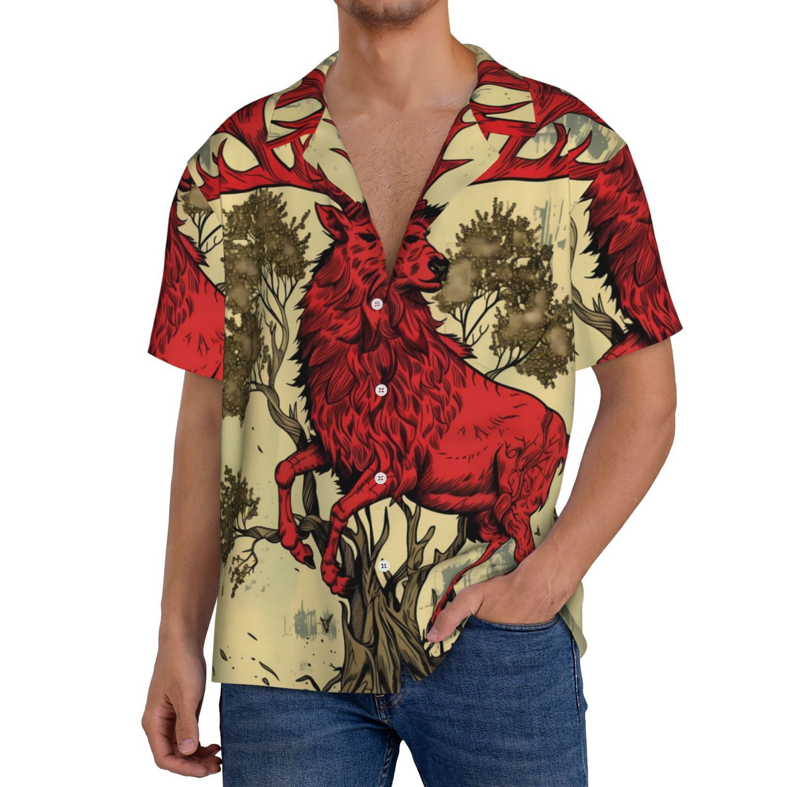 Daiia Mythical Red Stag Illustration Men's Linen Shirts Short Sleeve ...
