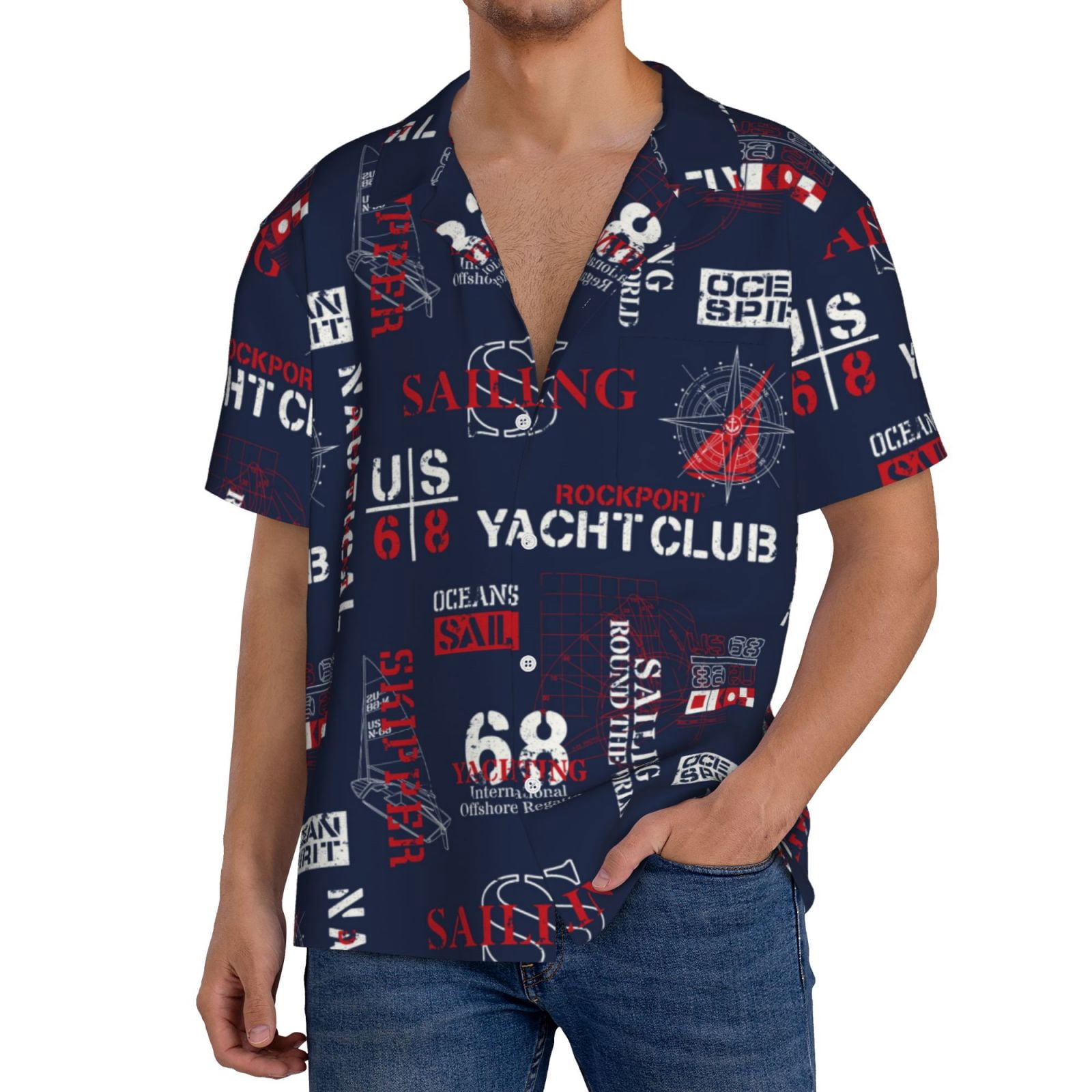 Daiia Nautical Style Sailboat Men's Linen Shirts Short Sleeve Casual ...