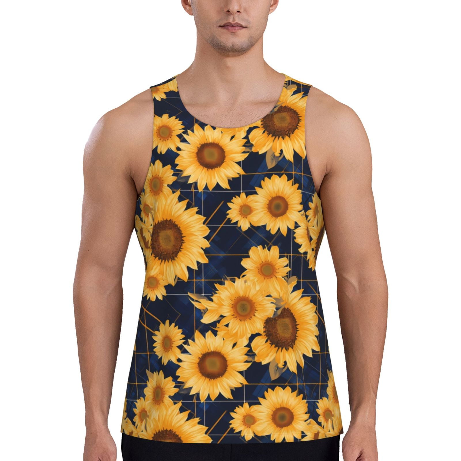 Daiia Navy Blue Plaid Sunflower Printed Men's Quick Dry Fit Muscle Tank ...
