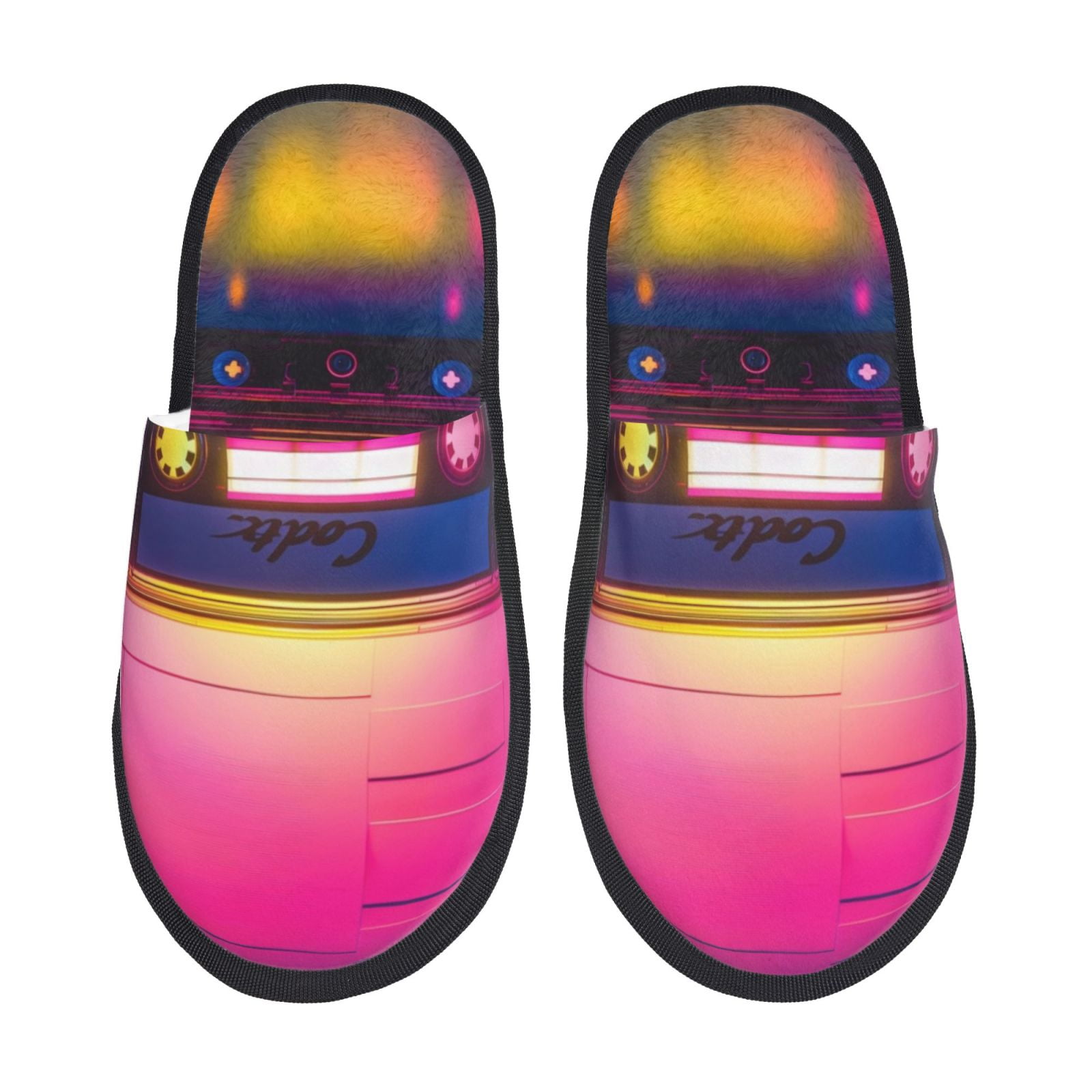 Daiia Neon Cassette Tape Pattern Furry Slippers for Women and Men, Soft ...