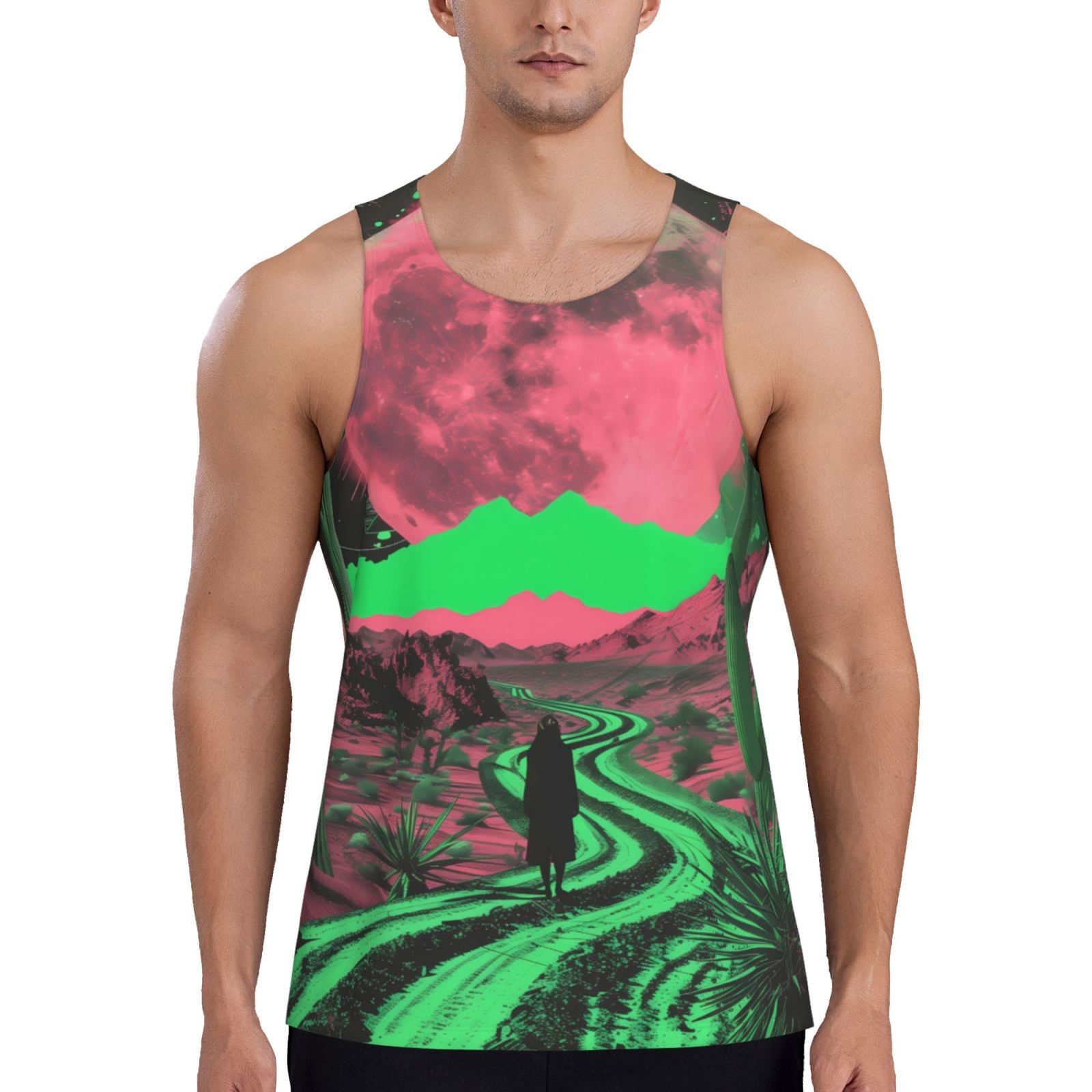 Daiia Neon Desert Moon Printed Men's Quick Dry Fit Muscle Tank Top Slim ...