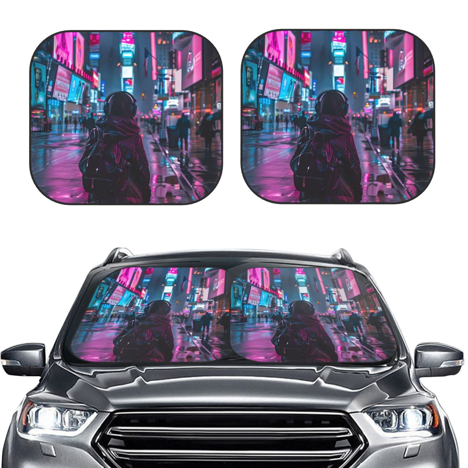 Daiia Neon Night Cityscape 2PCS Car Windshield Sun Shade, Foldable Sun ...