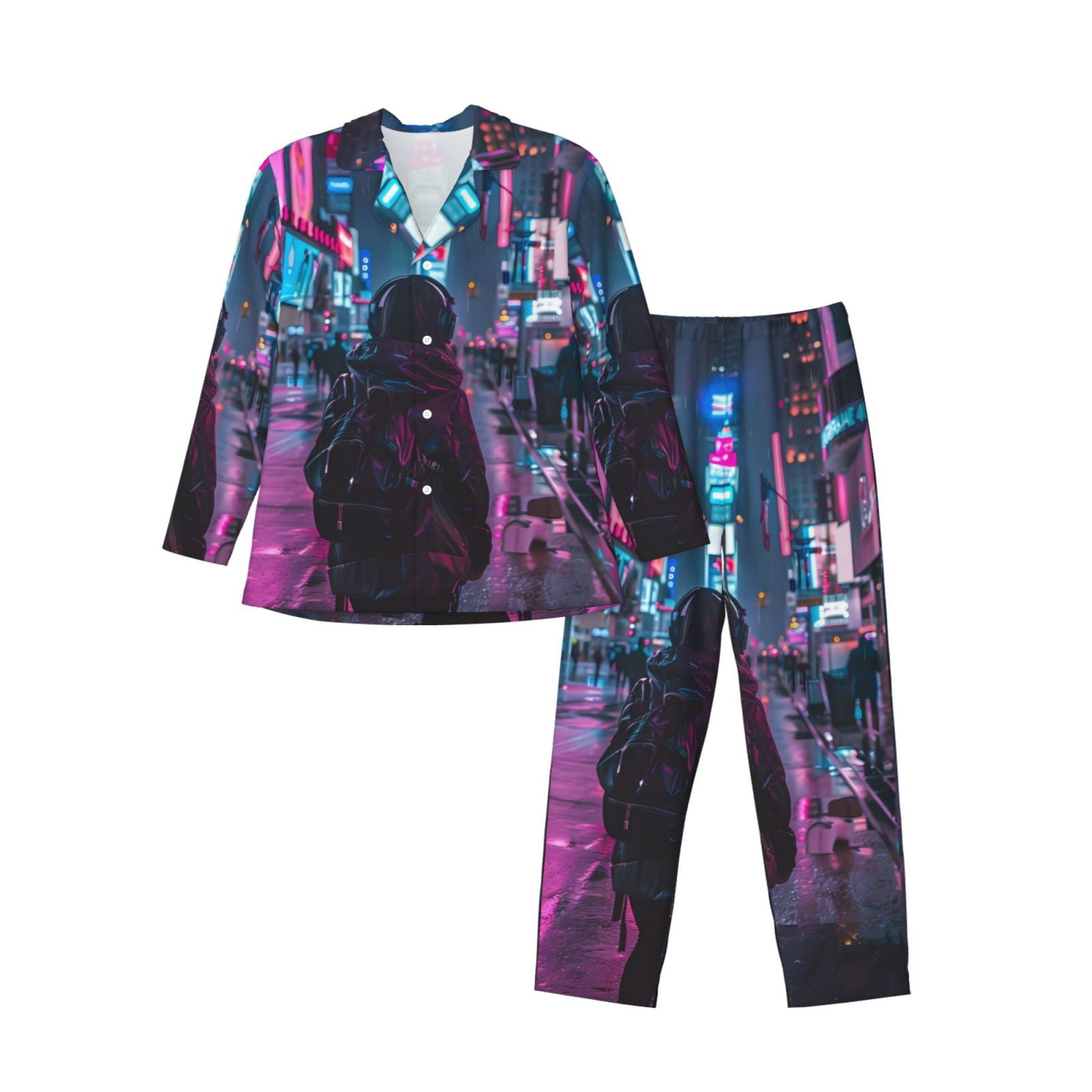 Daiia Neon Night Cityscape for Men's Long-Sleeved Pajama Set – Soft ...