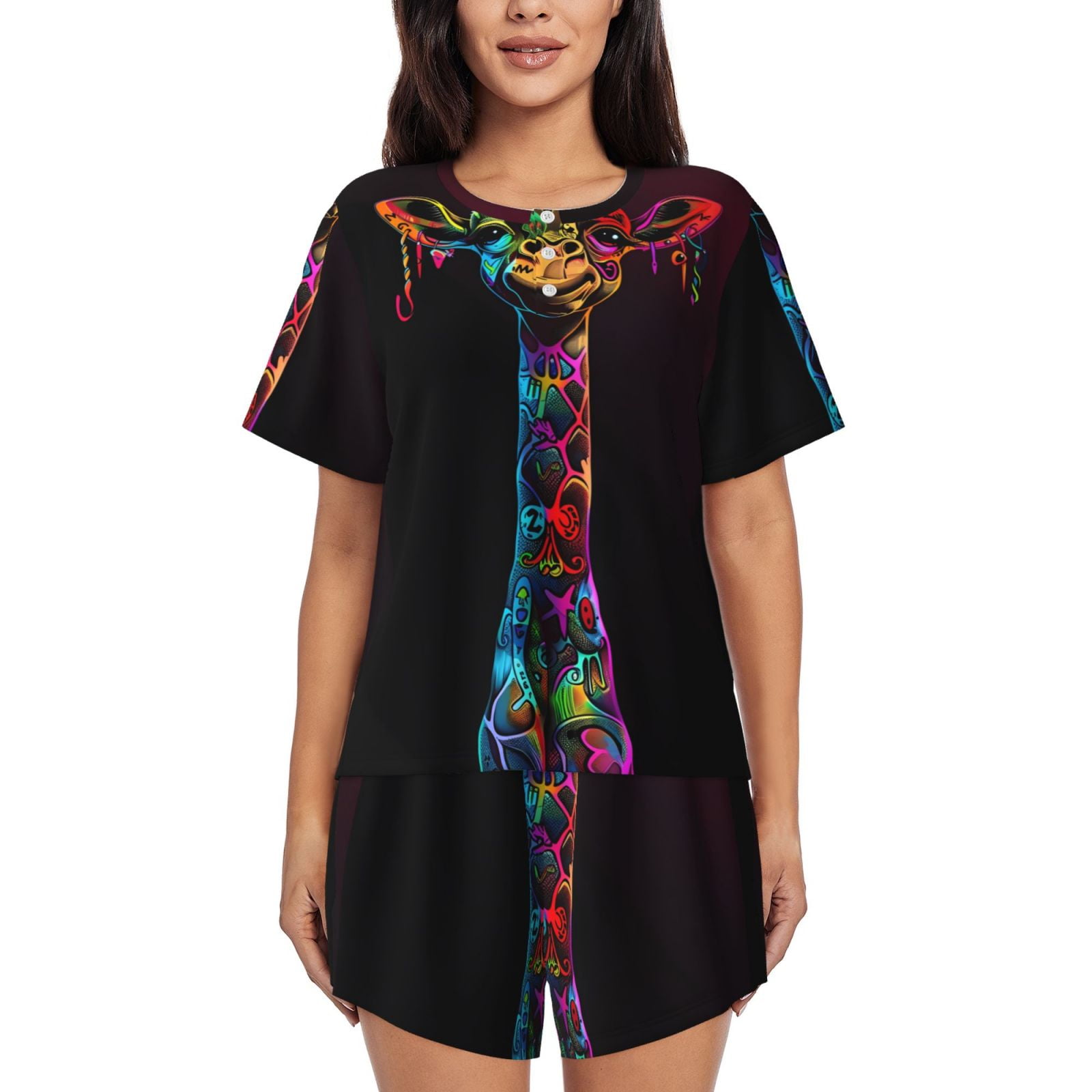 Daiia Neon Psychedelic Giraffe Pattern Womens Pajama Sets Short Sleeve ...