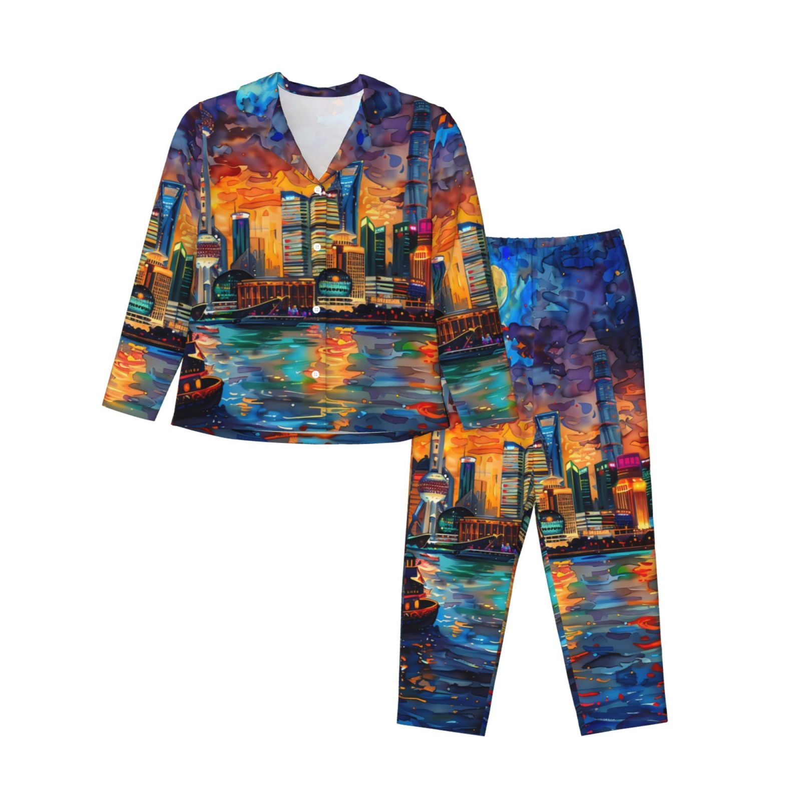 Daiia Neon Shanghai Cityscape Night for Women's Long-Sleeved Pajama Set ...