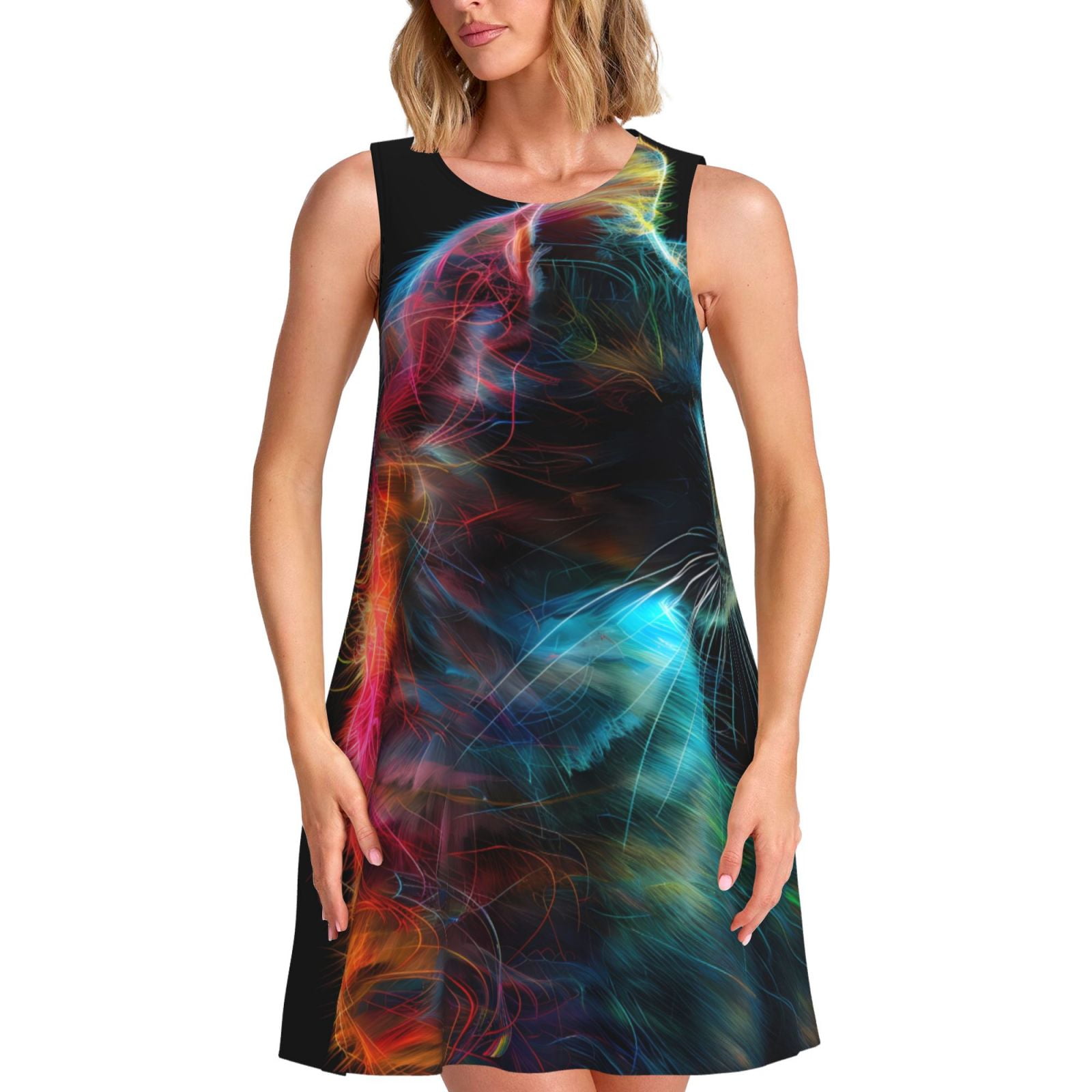 Daiia Neon Spectrum Cat Portrait Print Women's Dresses 2025 Trendy ...