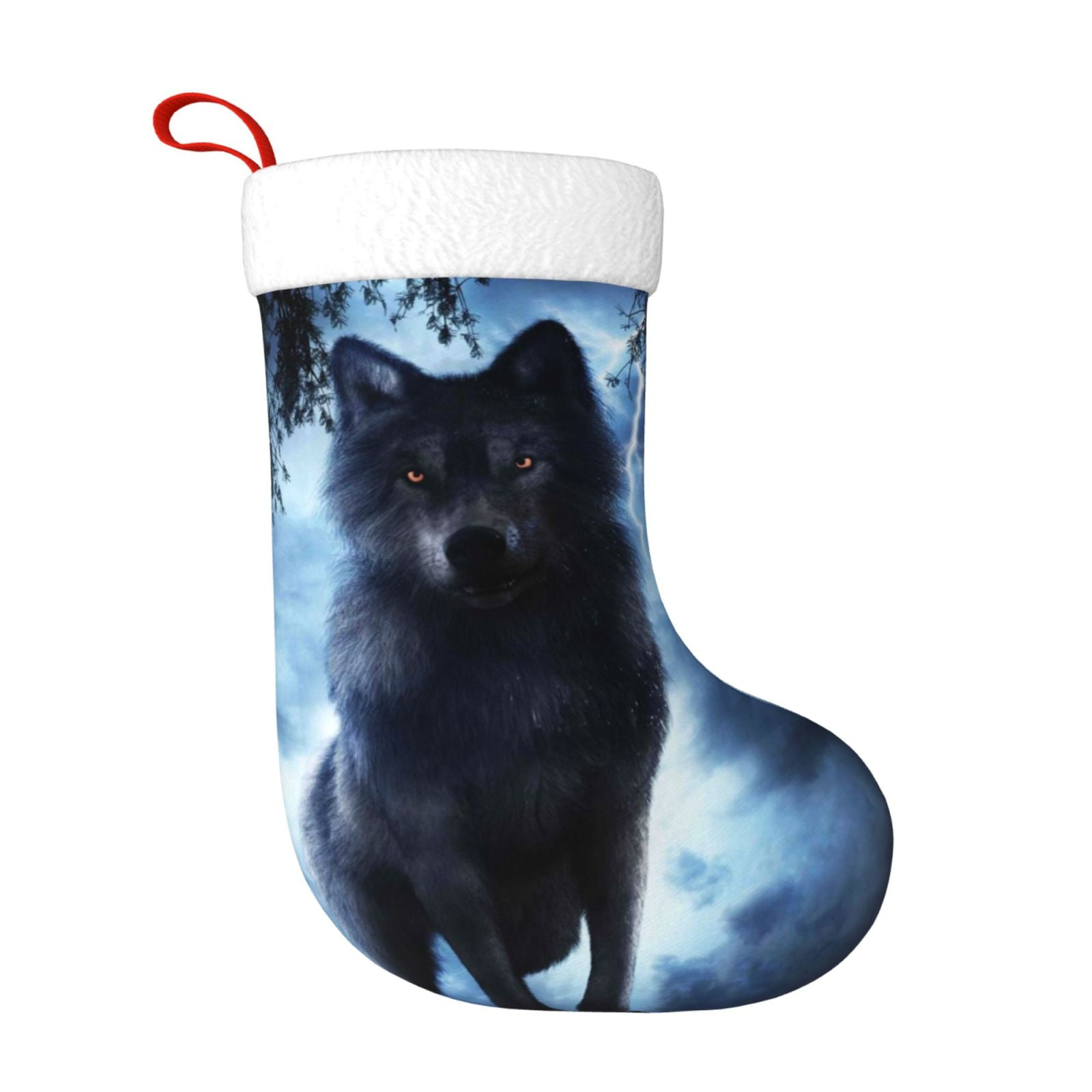 Daiia Night Scene of Wolves Print Christmas Stocking，18"Large Knitted ...