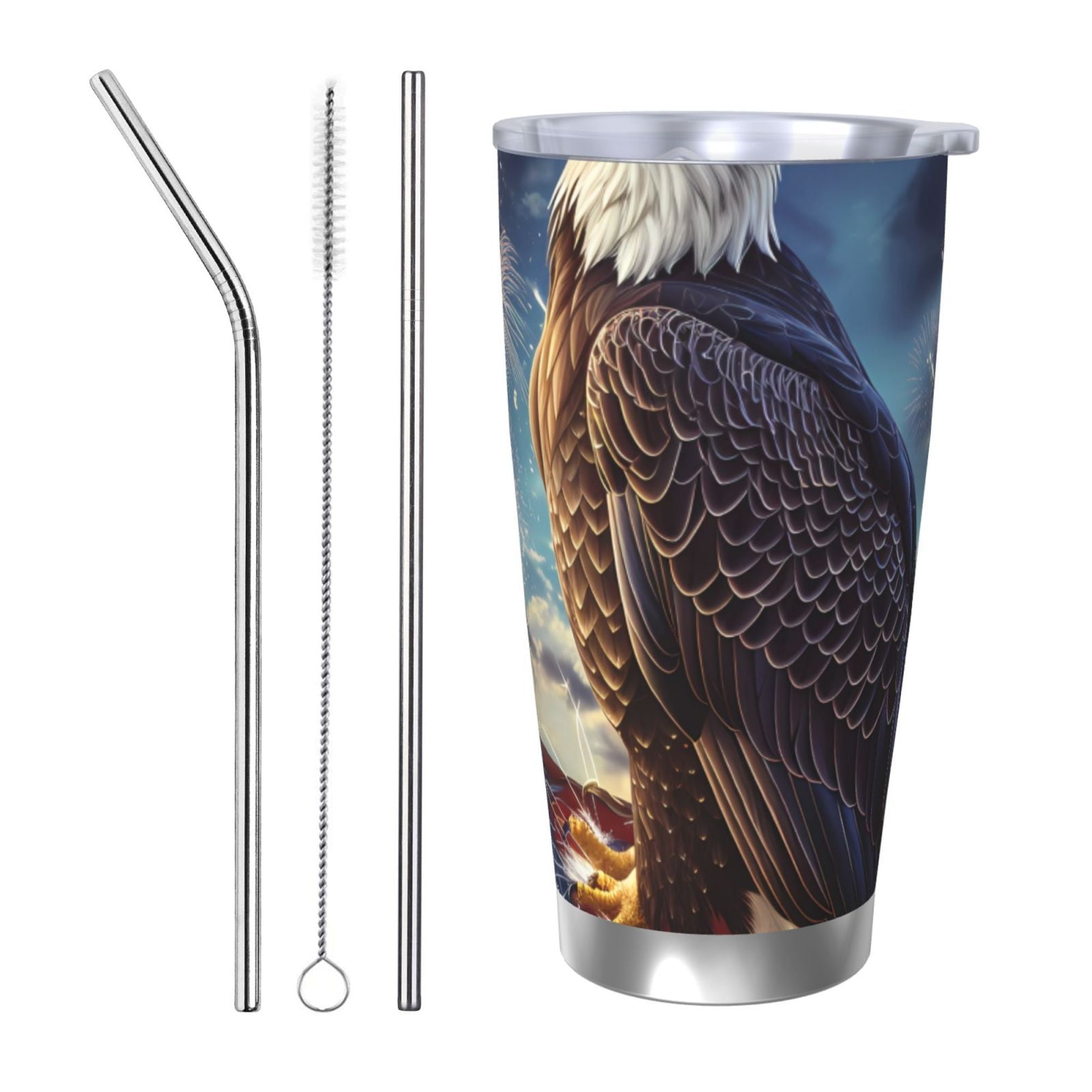 Daiia Night Sky Bald Eagle Printed 20oz Insulated Coffee Cup with Straw ...